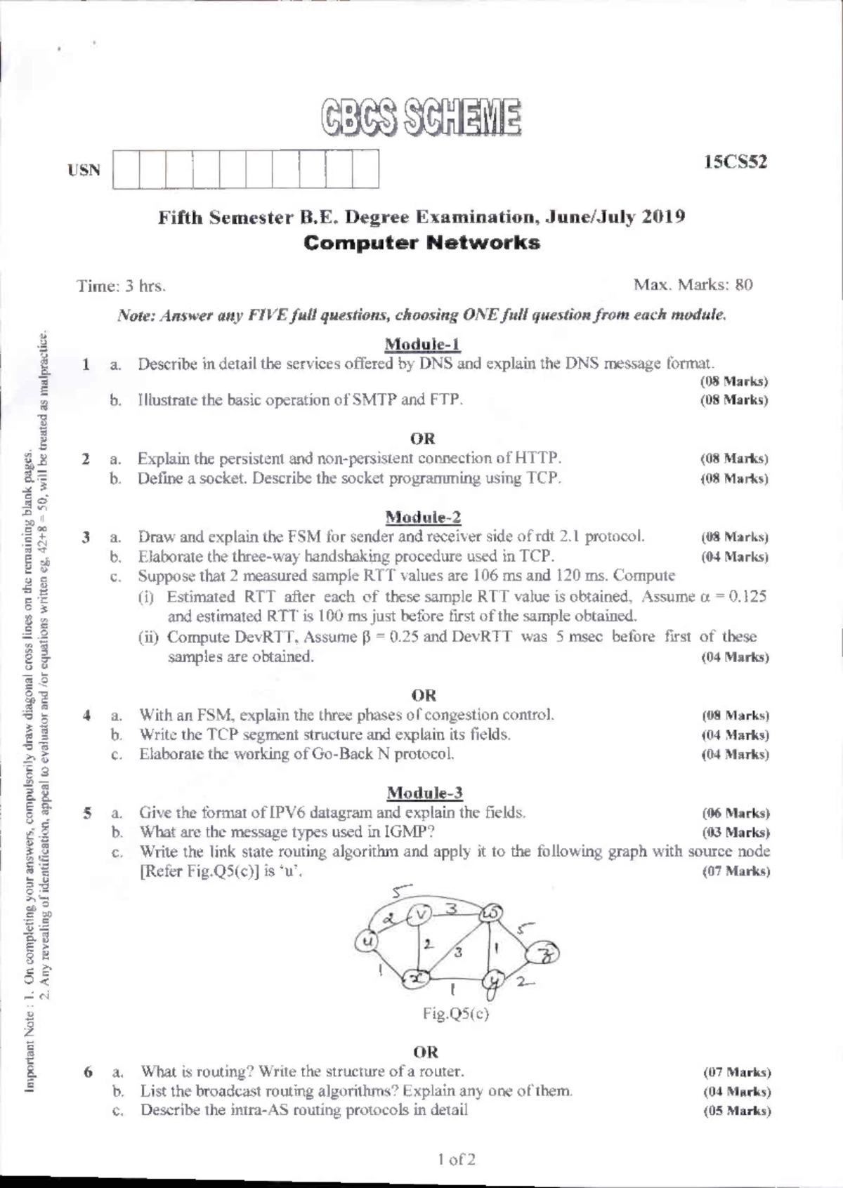 SCH 10CS55 - computer networks - USN 10CS55 Fifth Semester B. Degree Examination, Computer ...