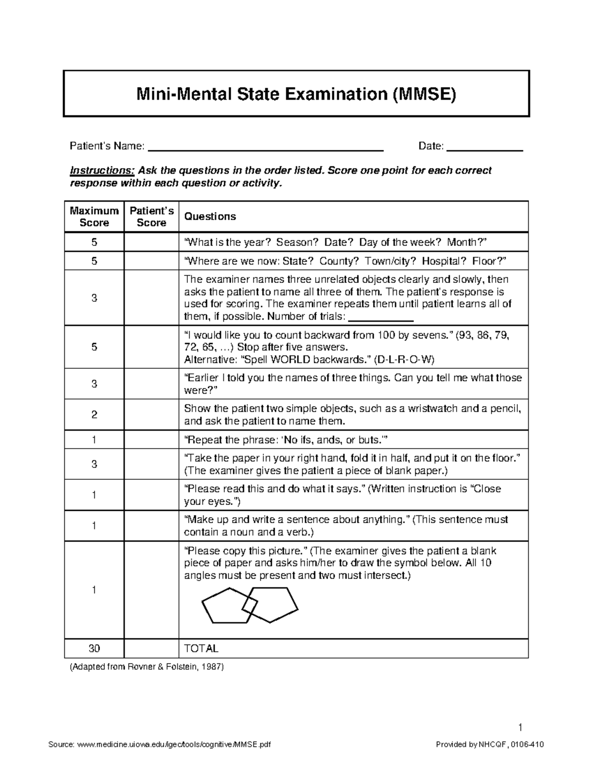 MMSE Study Guide: Modified Mini Mental State Examination - Studocu