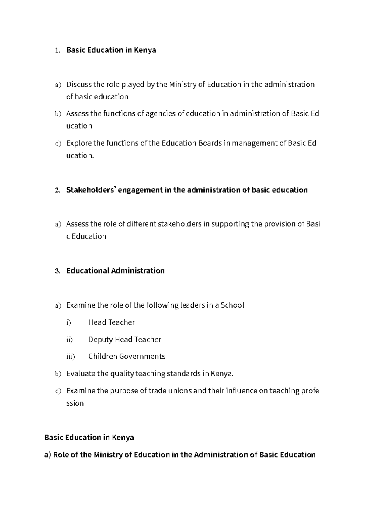 ELM 101: Educational Administration and Basic Education in Kenya - Studocu