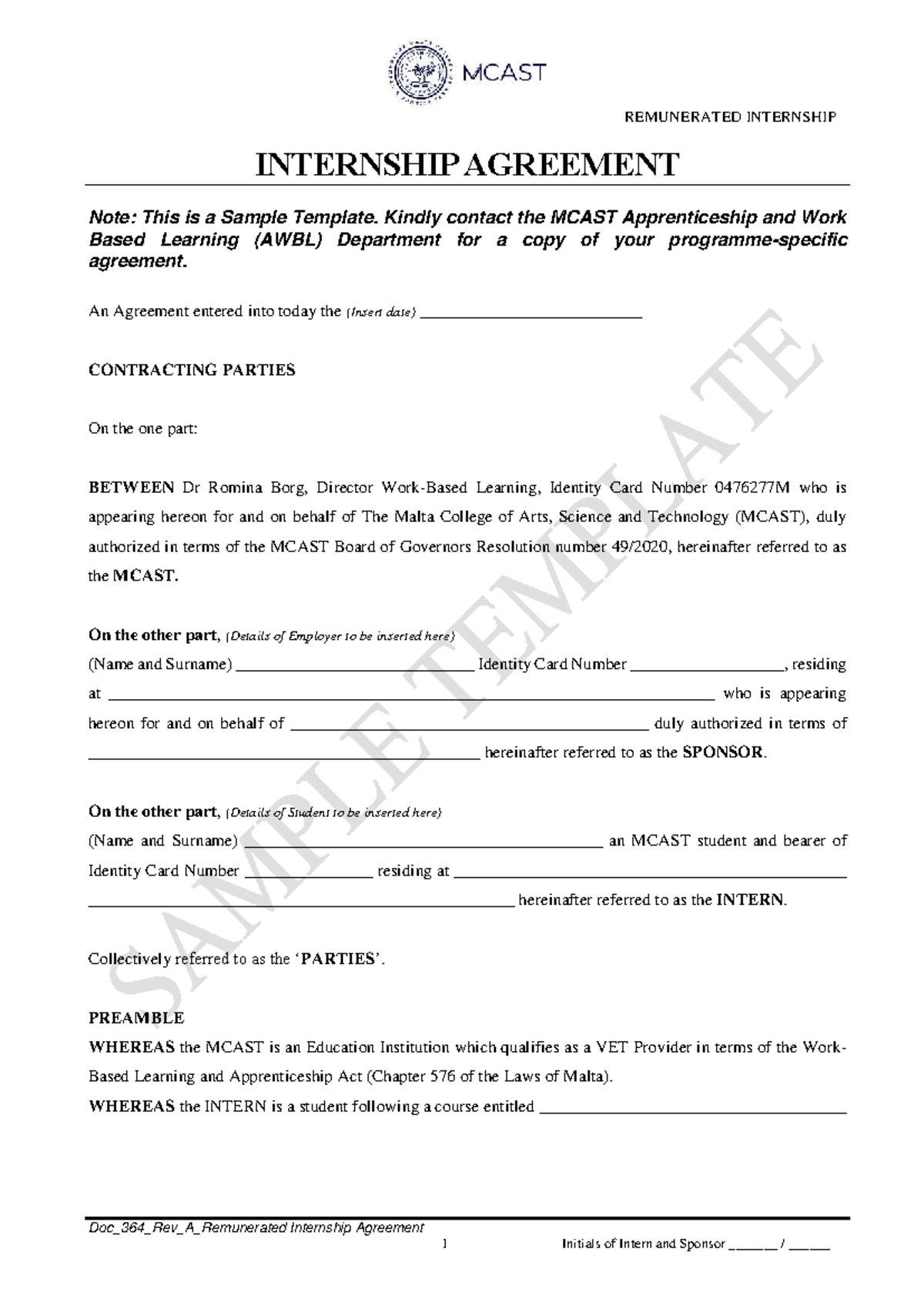 DOC 364 Rev A: Sample Remunerated Internship Agreement Template - Studocu