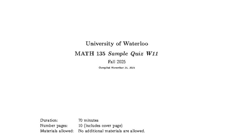 MATH 135 Sample Quiz W11 - University of Waterloo Fall 2025 - Studocu