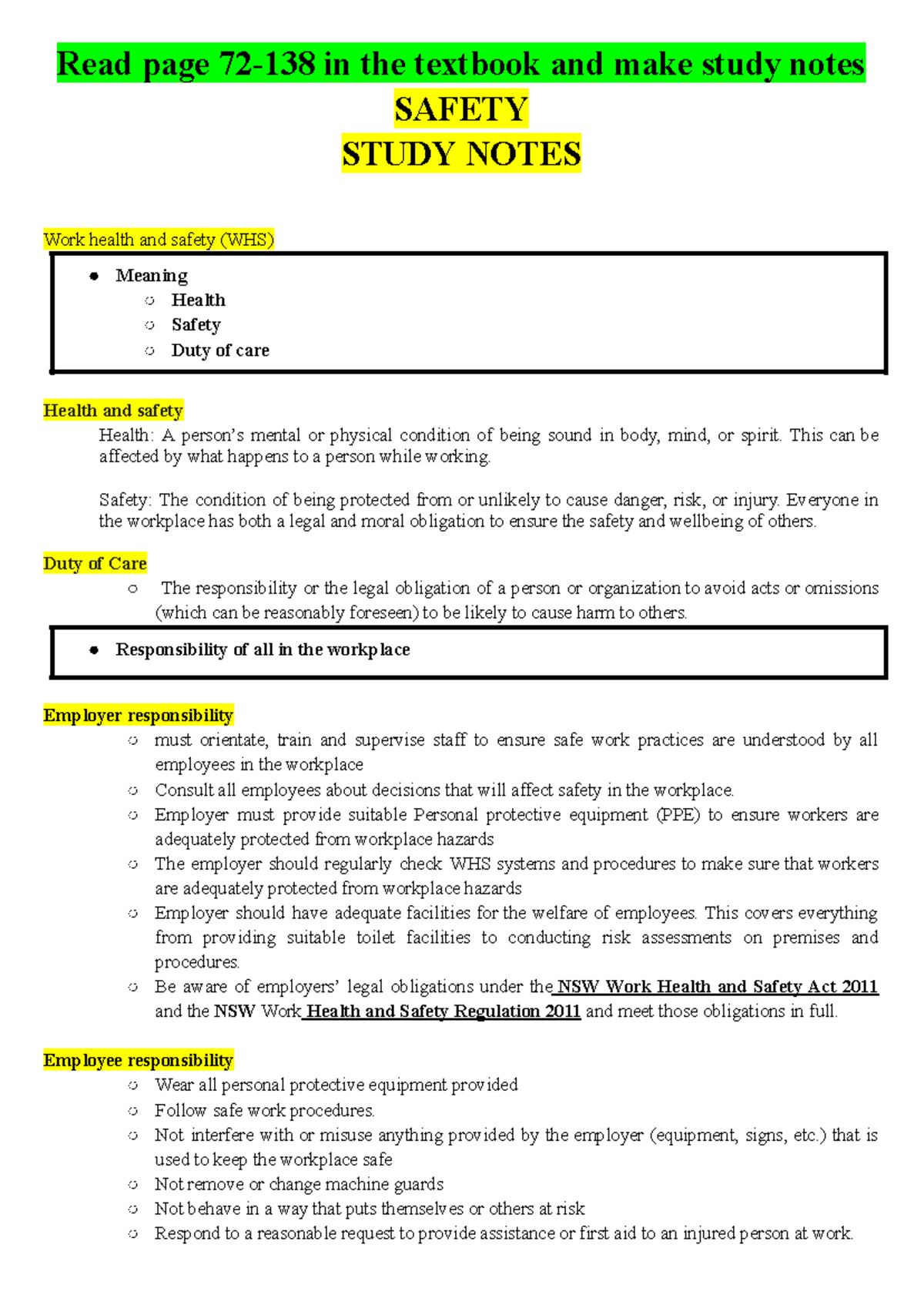 WHS 101: Study Notes on Maintaining Workplace Safety - Studocu
