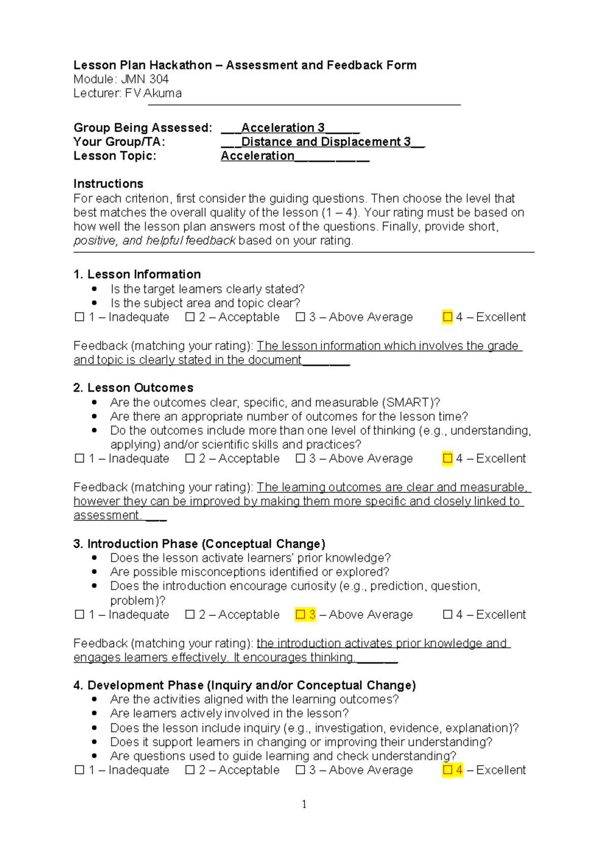 JMN 304 Lesson Plan Assessment & Feedback Form - Studocu