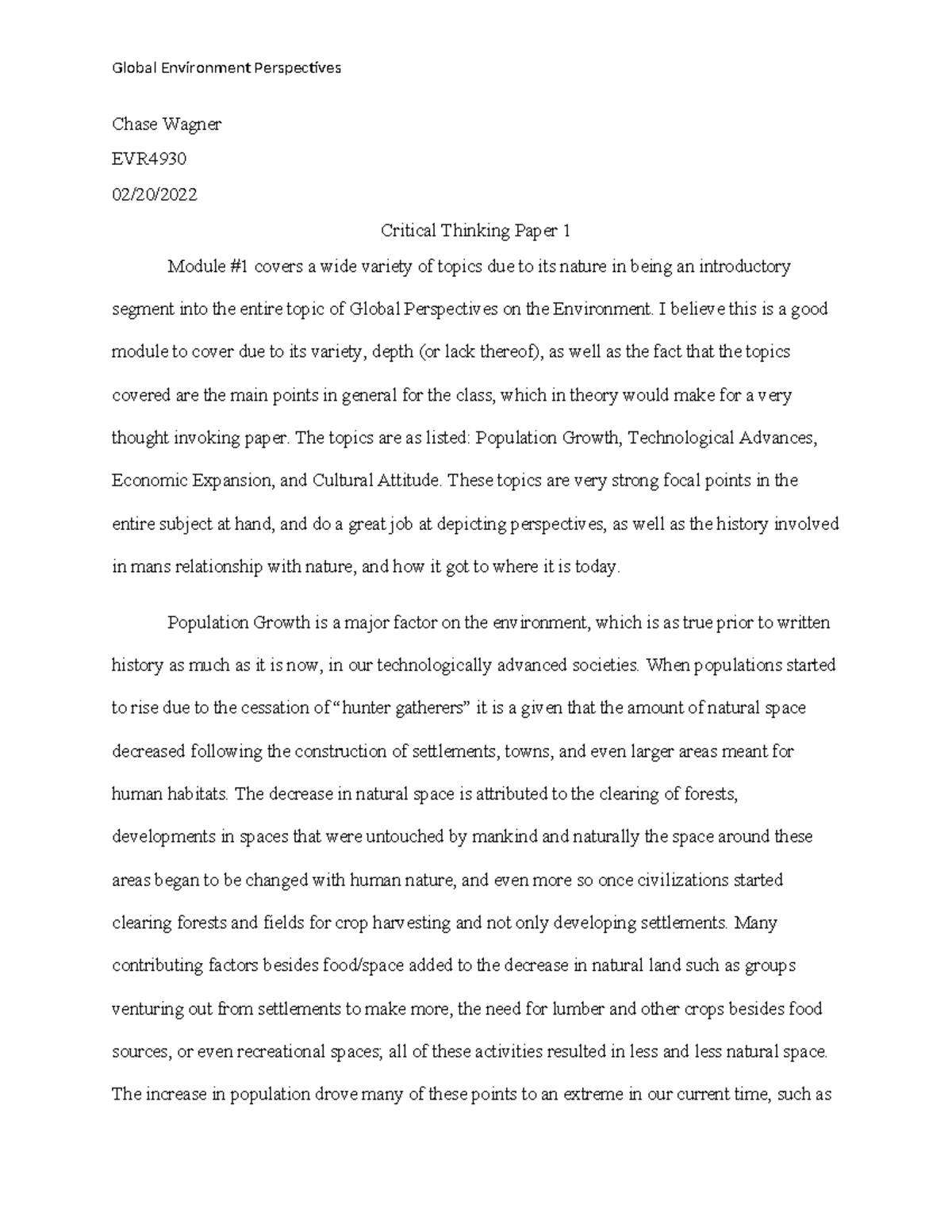 Critical Thinking Paper 1 (EVR Module #1): Perspectives on Nature - Studocu