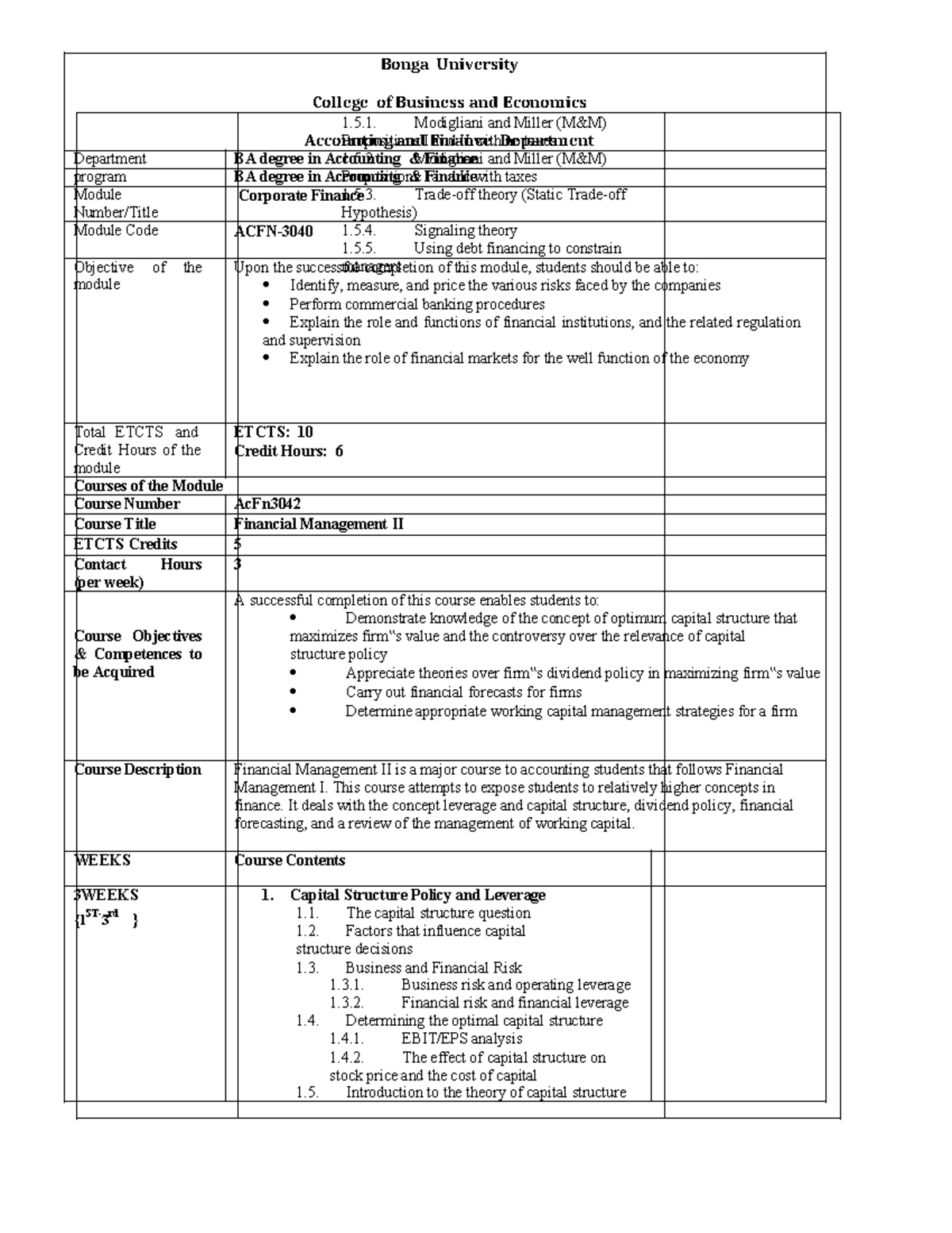 FM 2 Course Outline: Financial Management II Overview and Objectives ...