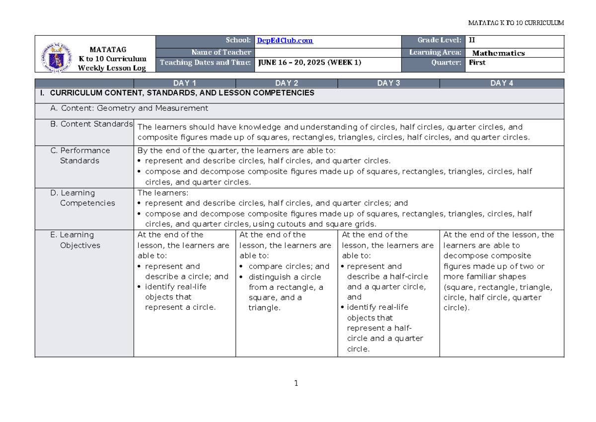 DLL Matatag Mathematics 2 Q1 W1: Geometry & Measurement Lesson Plan ...