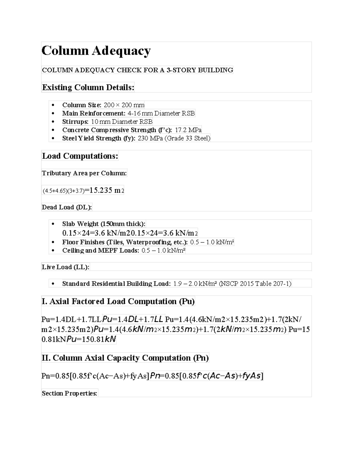 Column Adequacy Check for a 3-Story Building: Structural Analysis - Studocu