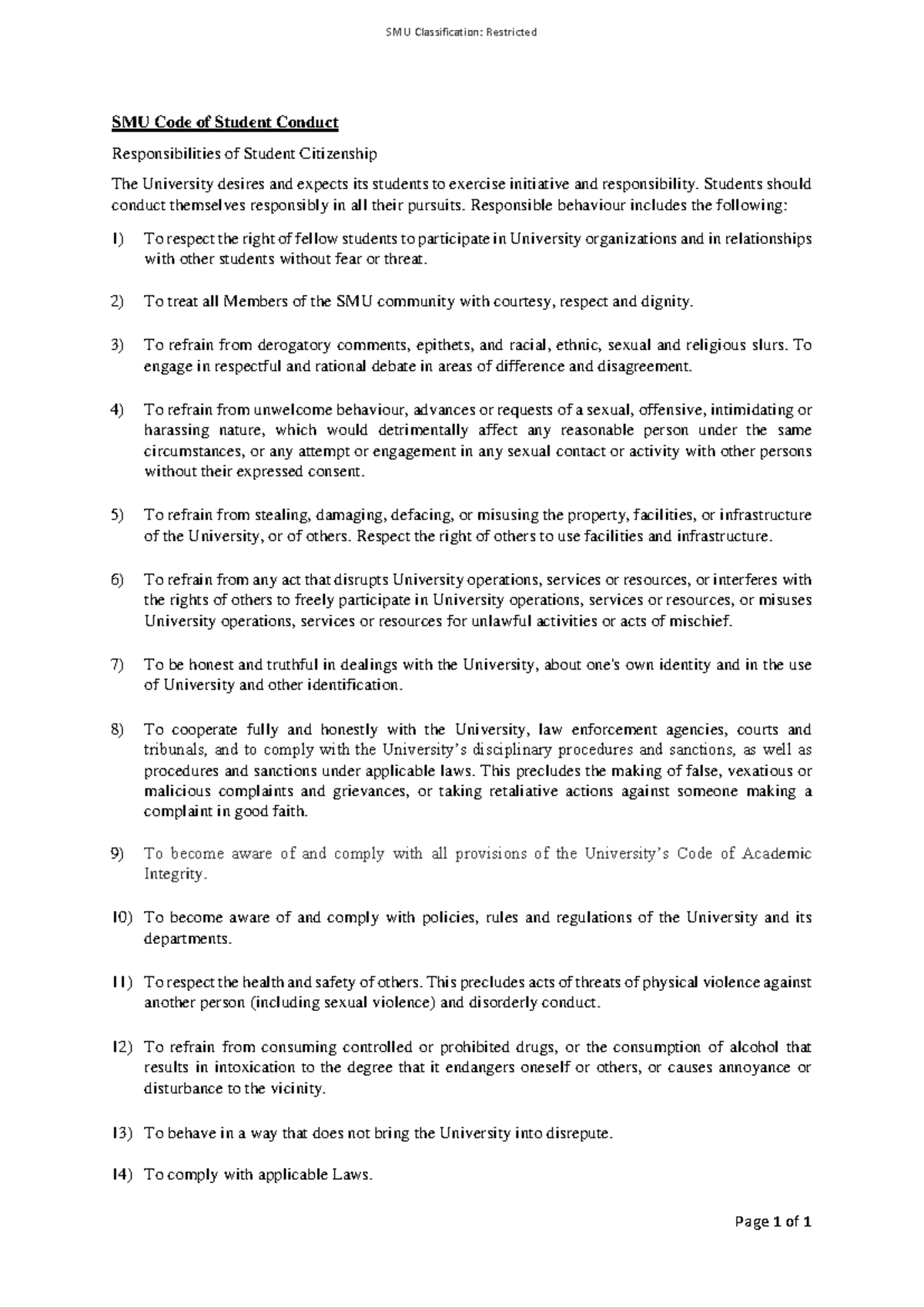 SMU Code of Student Conduct: Responsibilities of Citizenship - Studocu