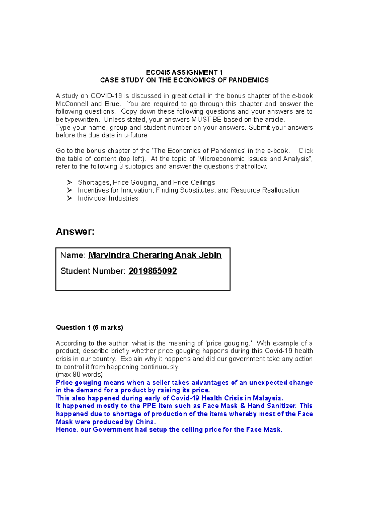 ECO415 Asgmnt Case Study Microeconomics (Answer) - ECO4I5 ASSIGNMENT 1 ...