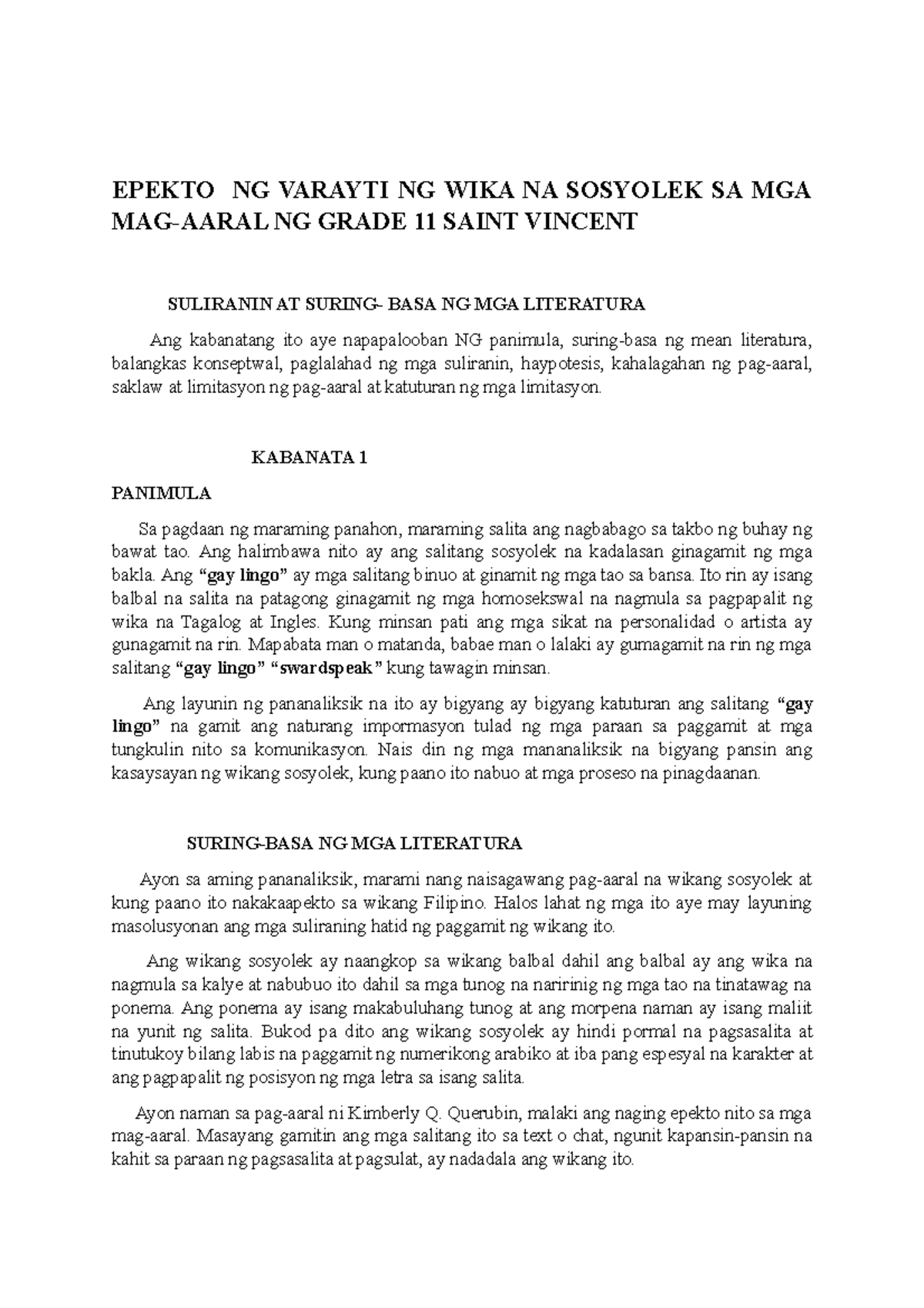 Epekto ng Sosyolek sa mga Mag-aaral ng Grade 11 ng St. Vincent - Studocu