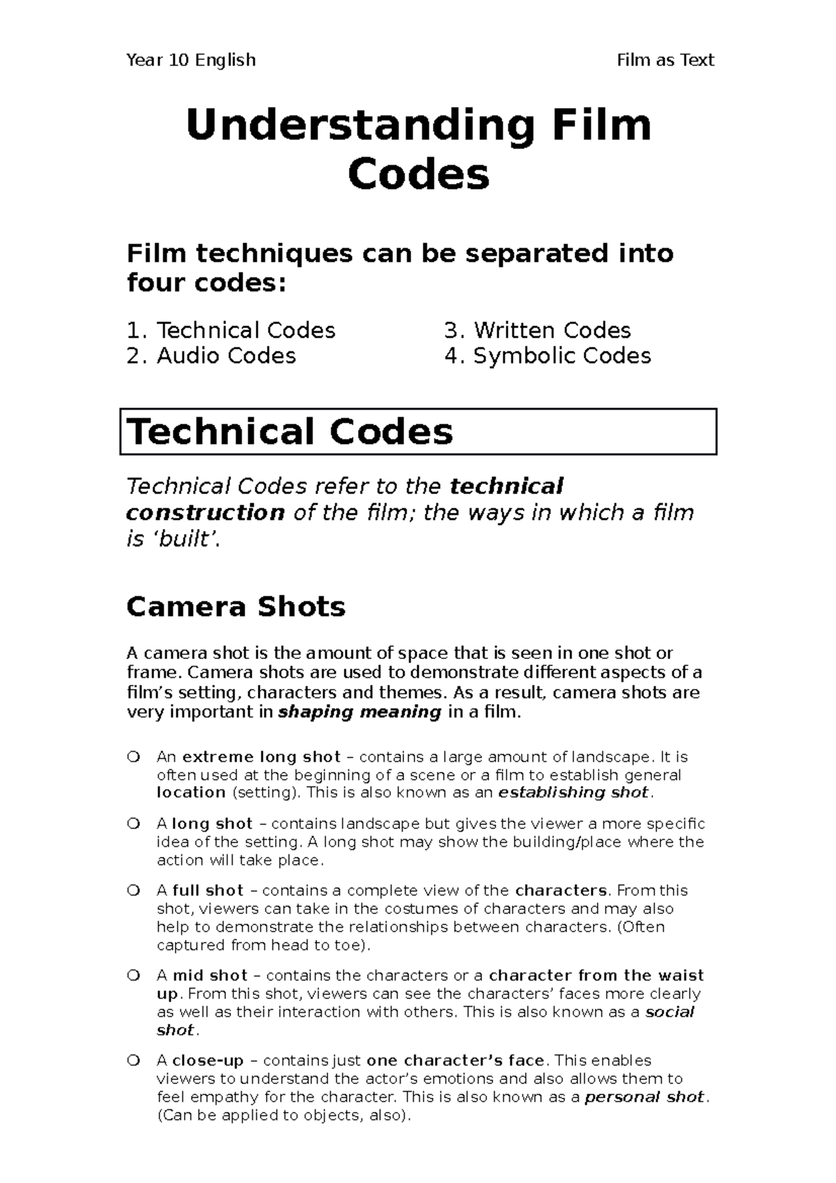Film Codes: Analyzing Techniques in Film as Text - Studocu