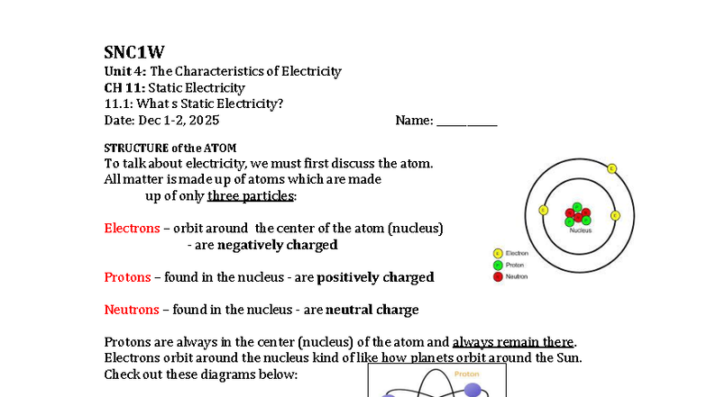 SNC1W Unit 4: Characteristics of Electricity - CH 11.1 Static ...