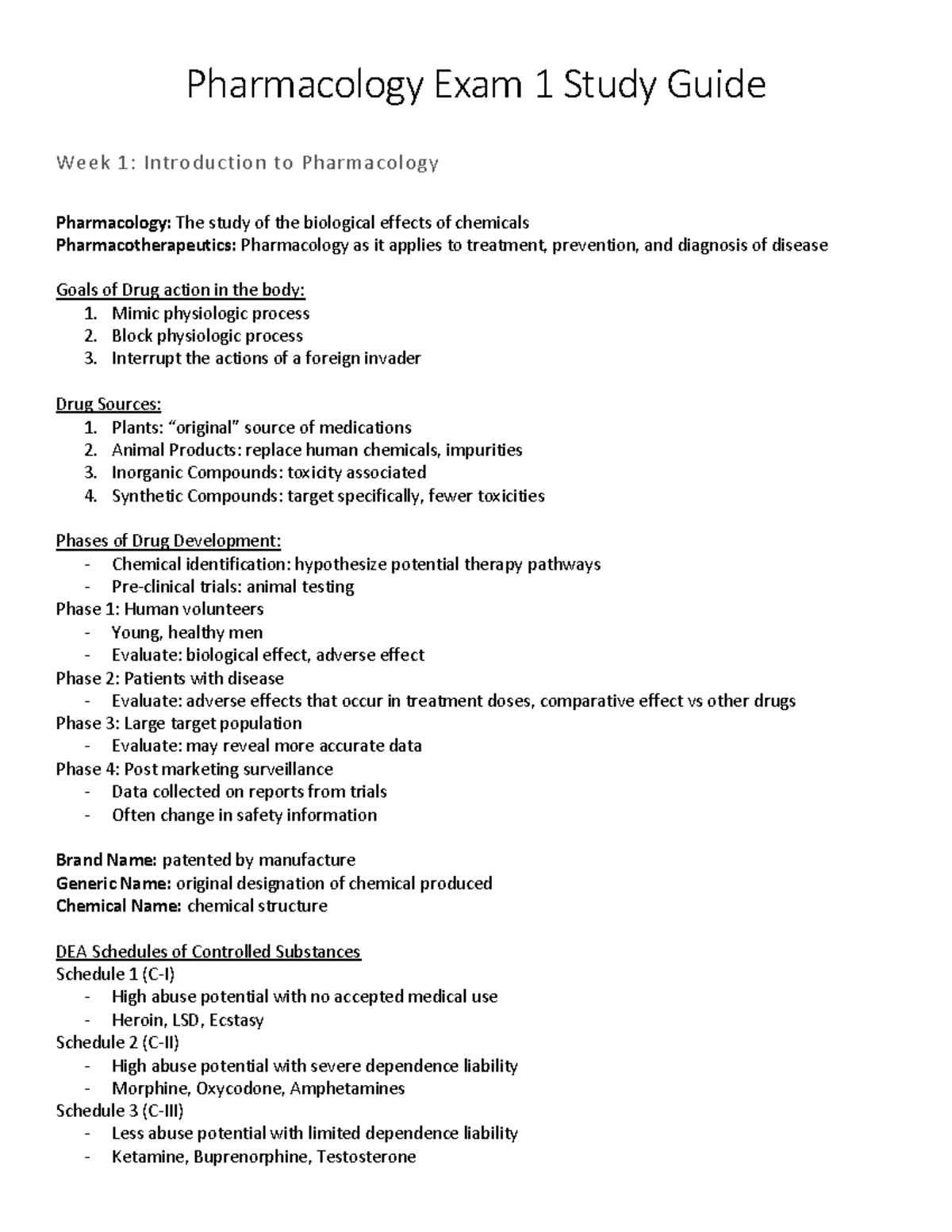 Pharmacology Exam 1 Study Guide - Pharmacology Exam 1 Study Guide Week ...