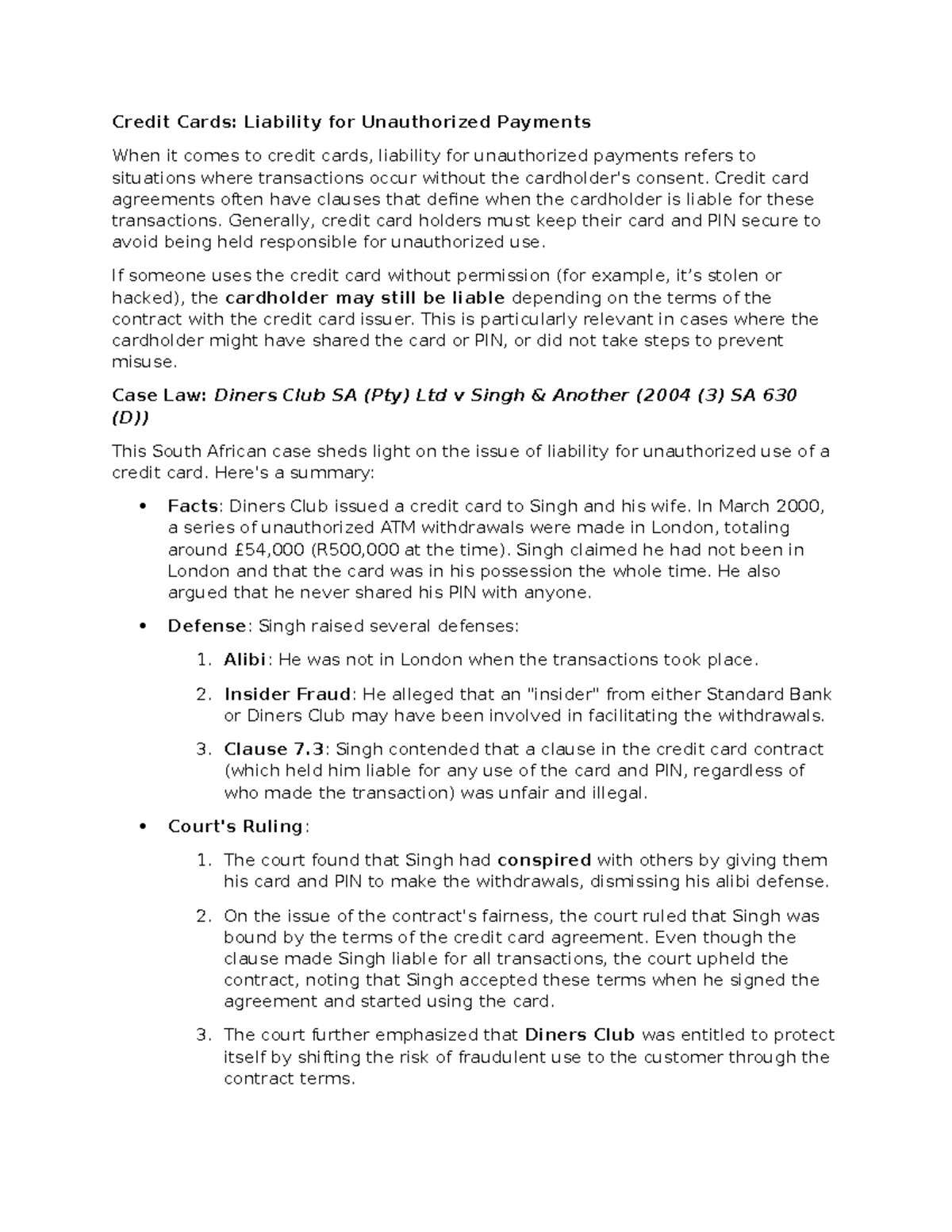 Case Laws on Credit Card Liability & Unauthorized Payments - Studocu