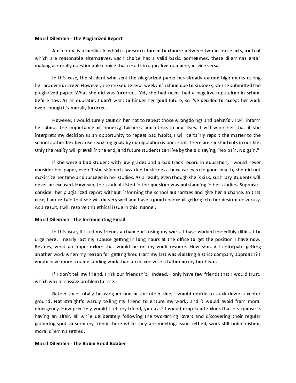 Moral Dilemma Activity - Moral Dilemma - The Plagiarized Report A ...