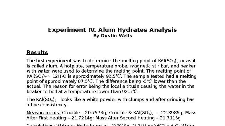 Chem Lab Exp IV: Alum Hydrates Melting Point Analysis - Studocu
