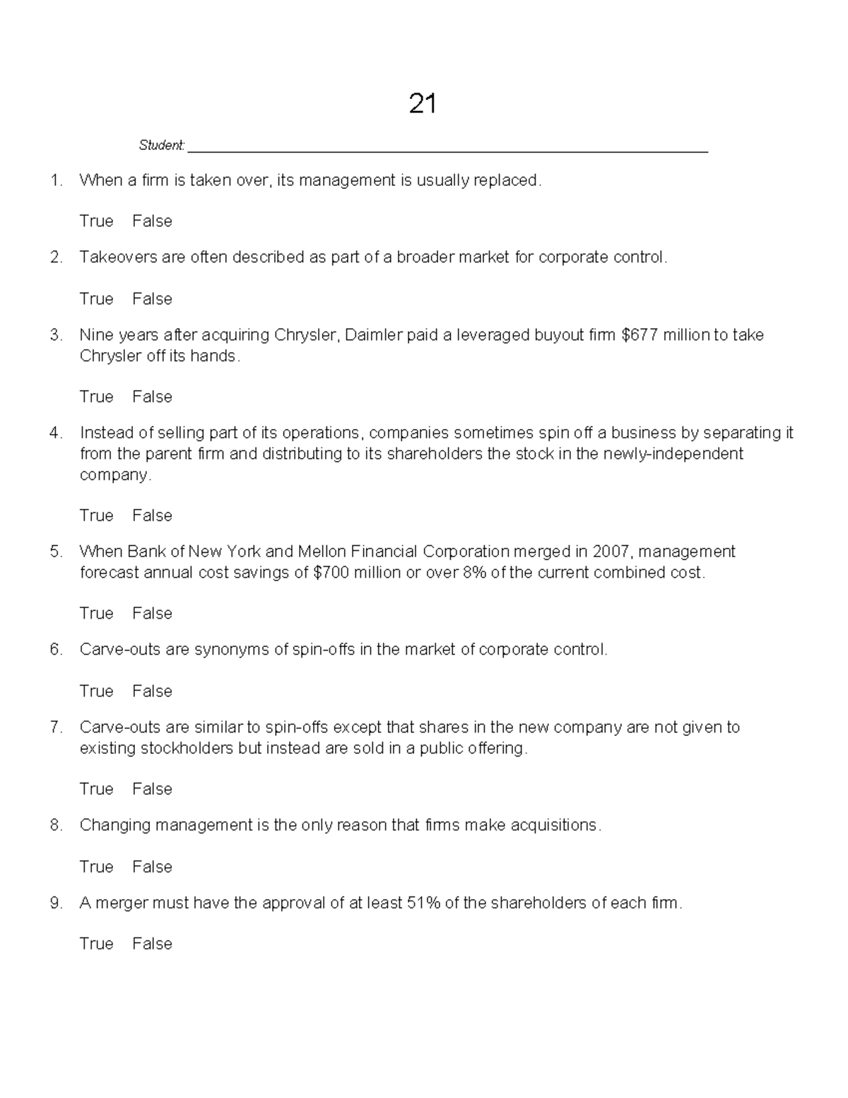Fin 2000 Testbank: Mergers and Acquisitions True/False Questions - Studocu