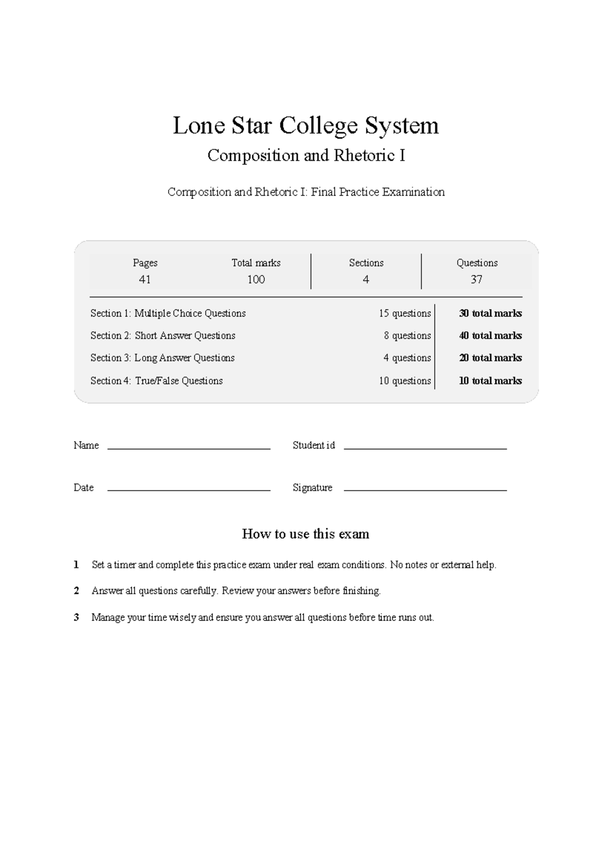 ENGL 1301 Composition and Rhetoric I: Final Practice Exam 2026 - Studocu