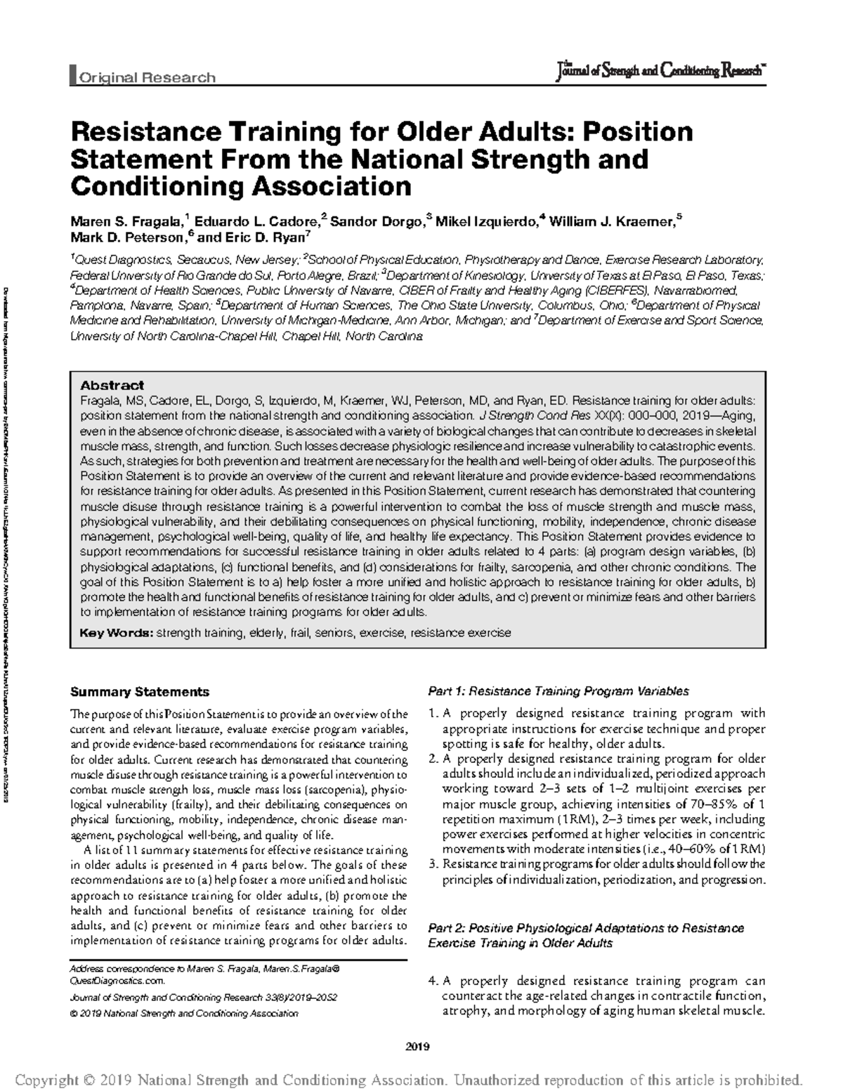 Resistance Training for Older Adults: NSCA Position Statement (2019 ...