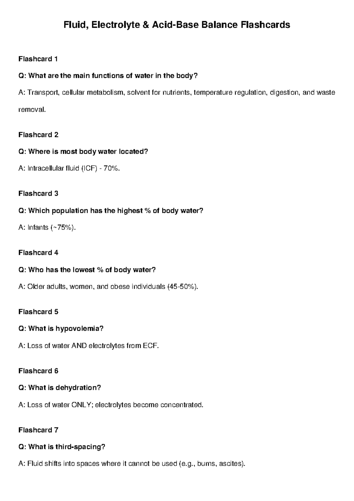 Fluid & Electrolyte Balance Flashcards for Nursing (NUR 101) - Studocu