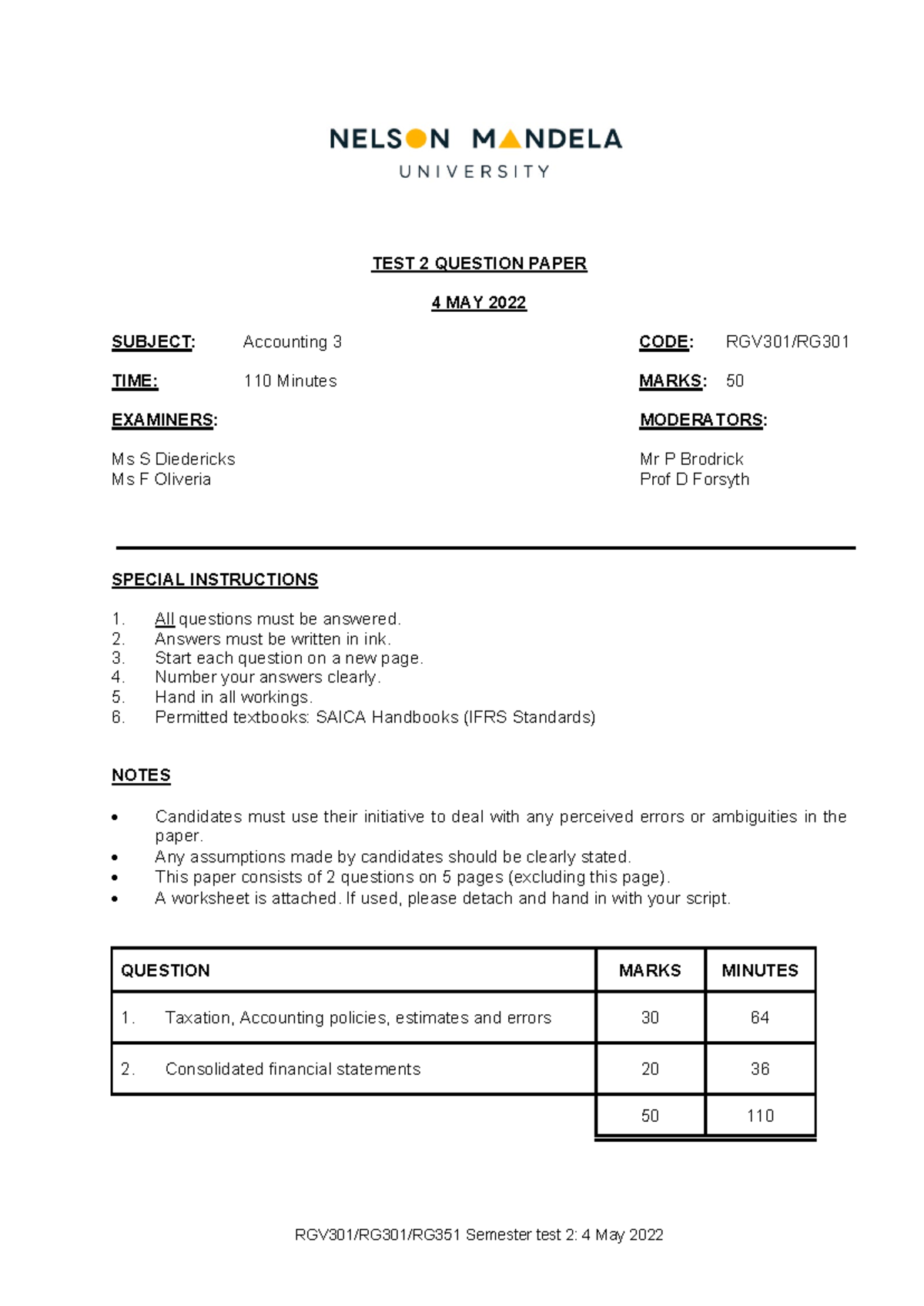 Accounting 3 RGV301 Test 2 Question Paper - 4 May 2022 - Studocu