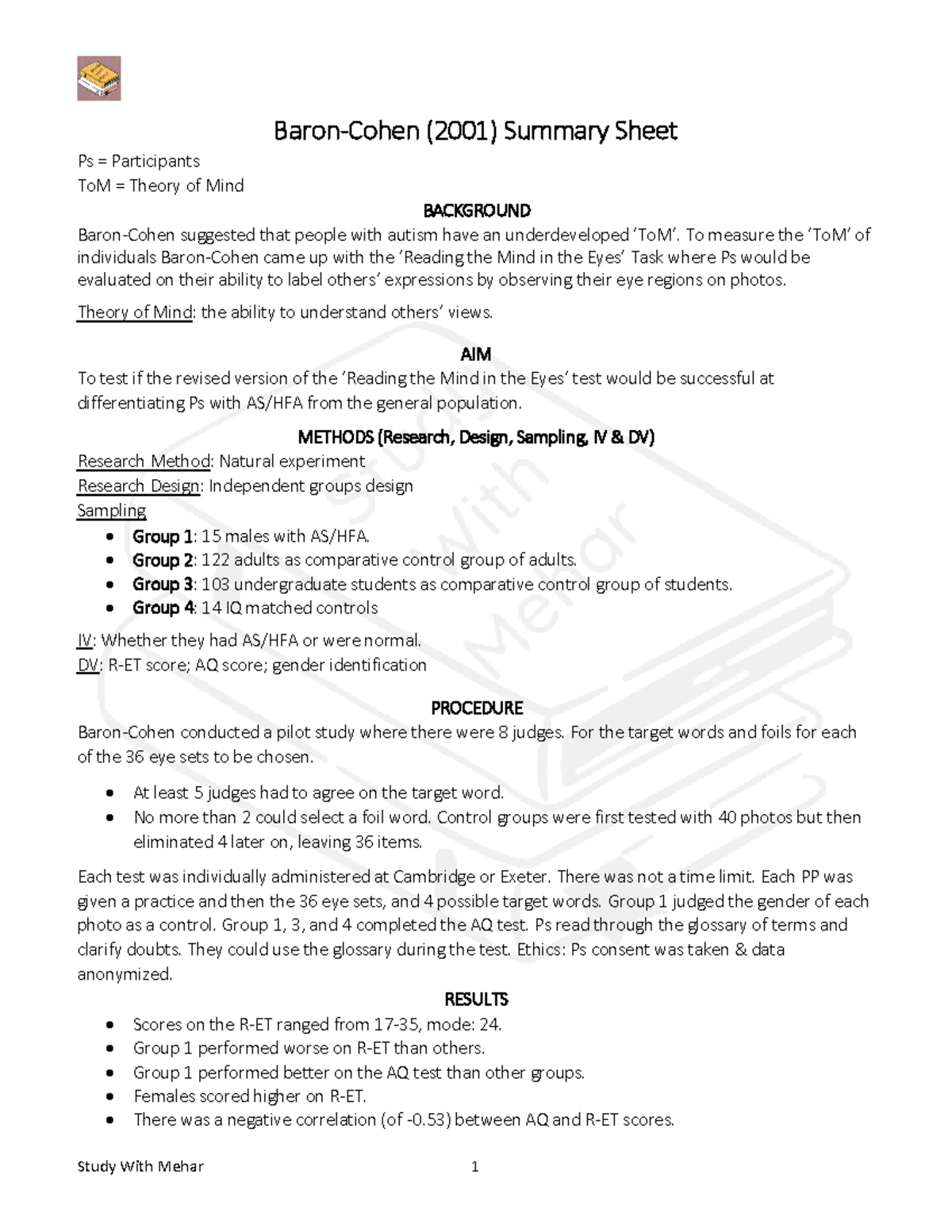 Baron-Cohen (2001) Theory of Mind Study Summary Sheet - Studocu