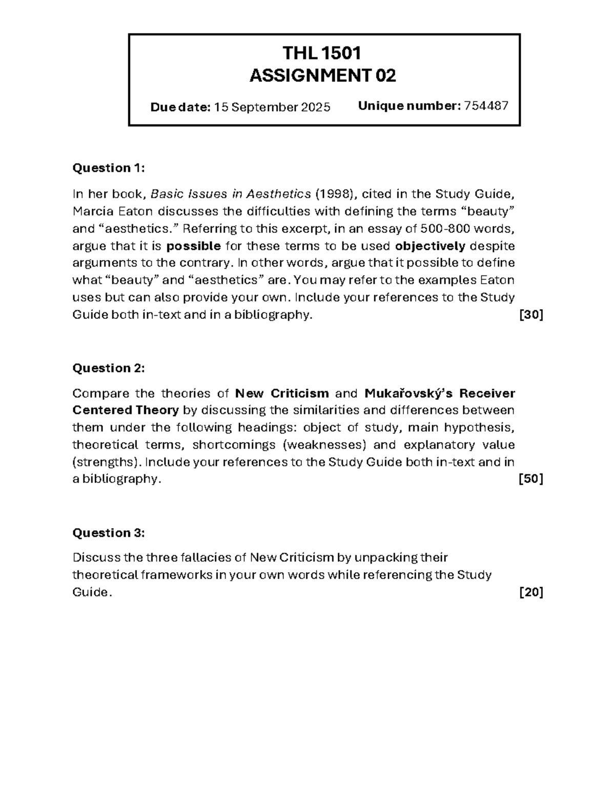THL 1501 Assignment 02: Aesthetics, Criticism, and Theoretical ...