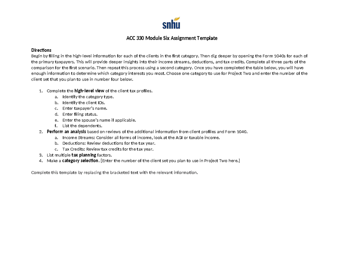ACC 330 Module Six Client Tax Profile Comparison Assignment - Studocu