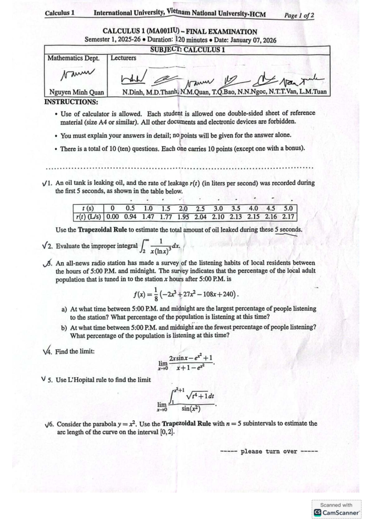 Calculus 1 (MA001IU) Final Exam Review - Semester 1, 2025-2026 - Studocu