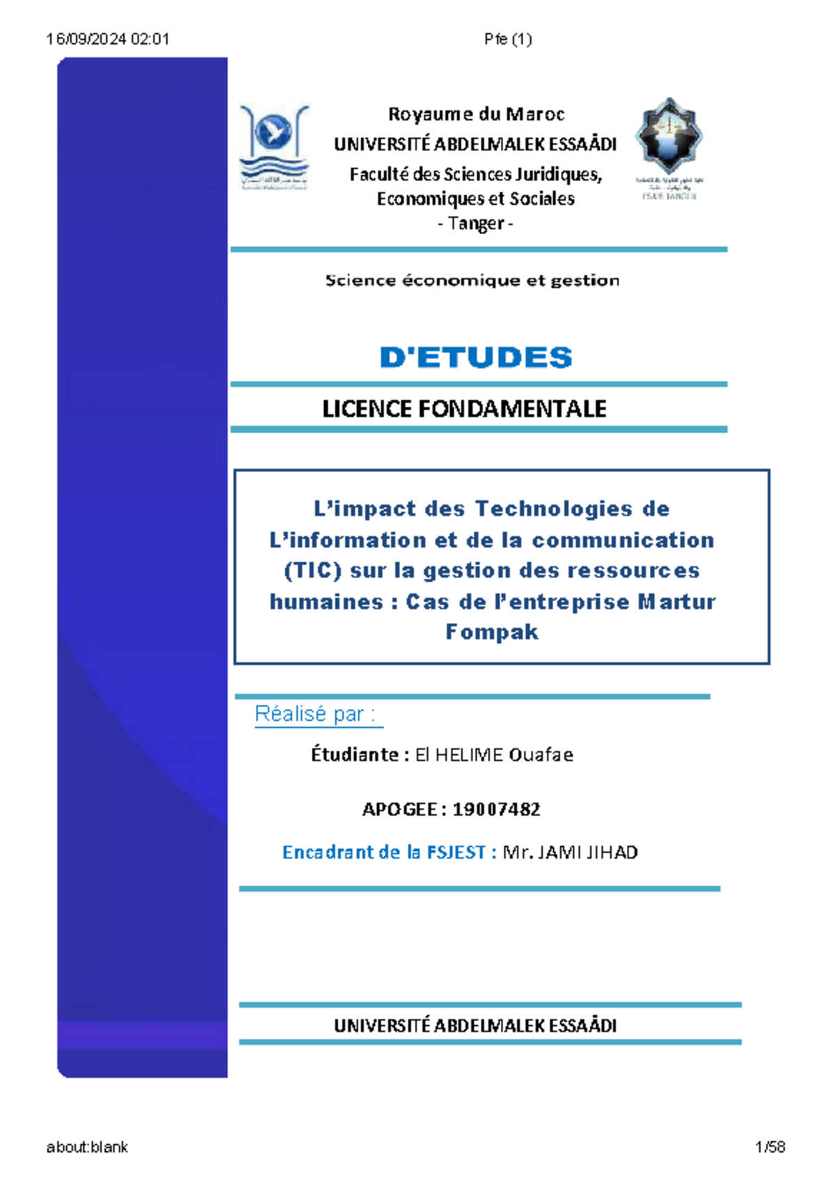 L'impact des TIC sur la GRH: Cas de l'entreprise Martur Fompak (Licence ...