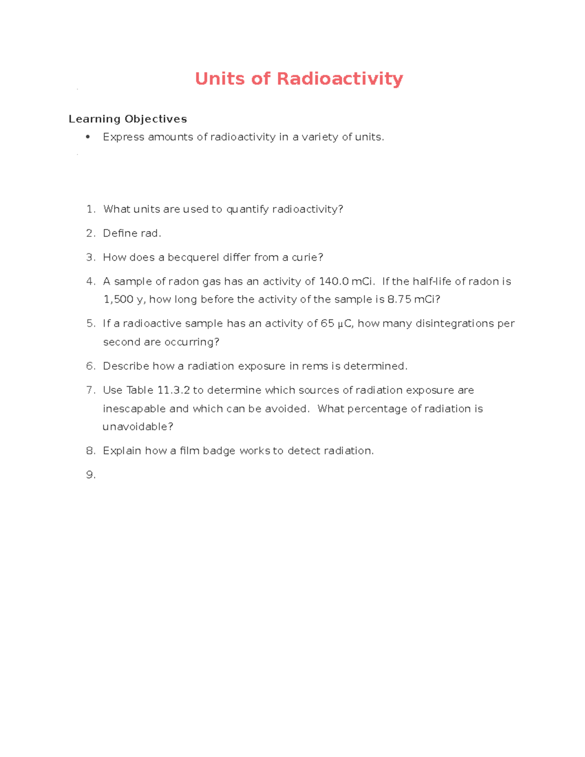 Section 11.3 Worksheet: Units and Concepts of Radioactivity - Studocu