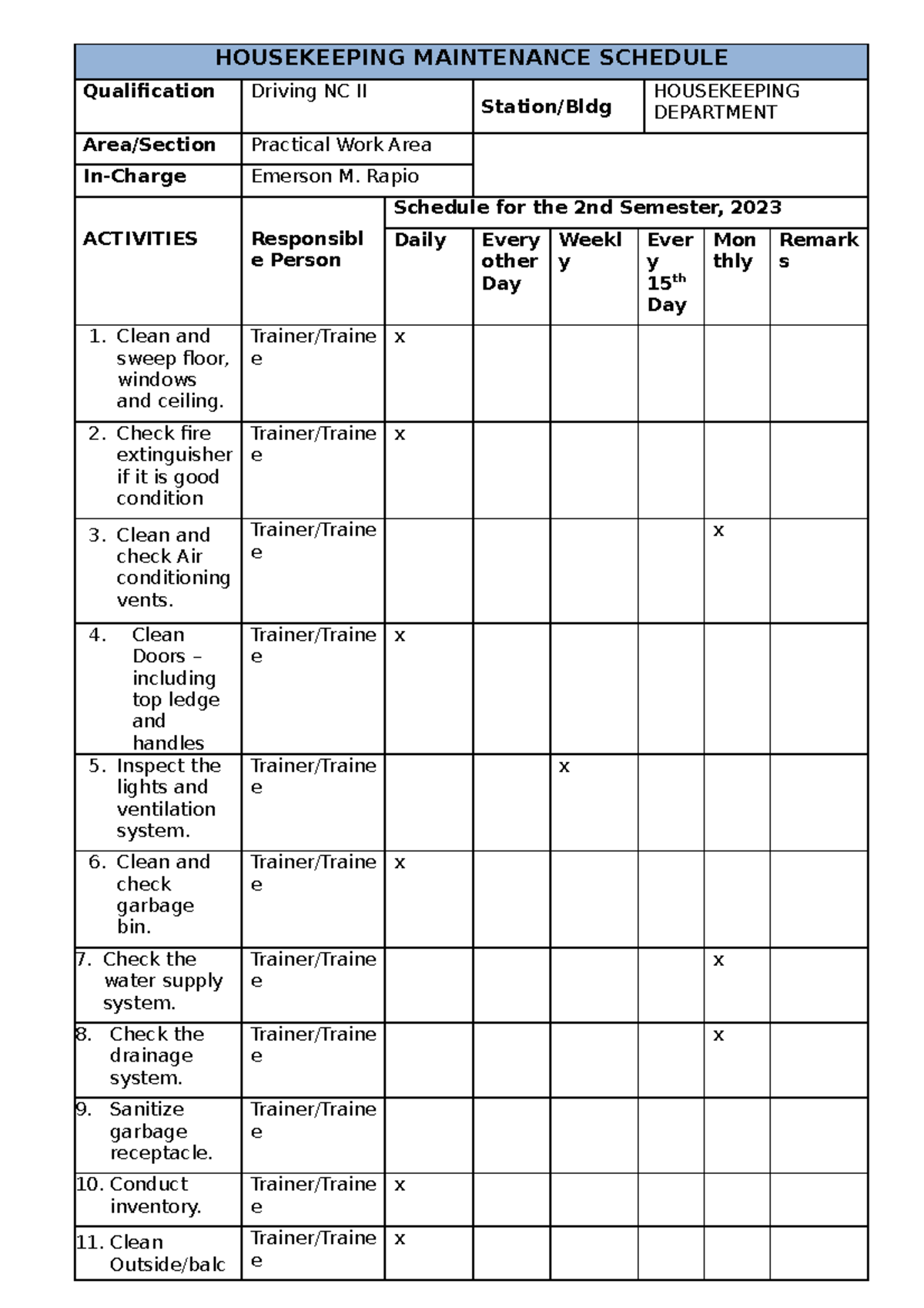 Housekeeping & Equipment Maintenance Schedule - Driving NC II - Studocu