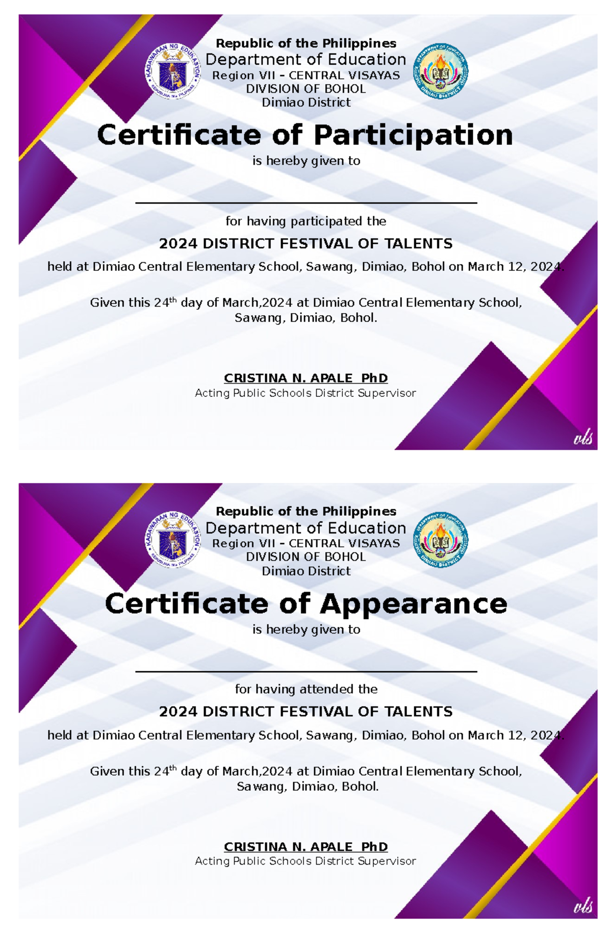 Certificate-DFOT: Sample Participation & Appearance Certificates for ...