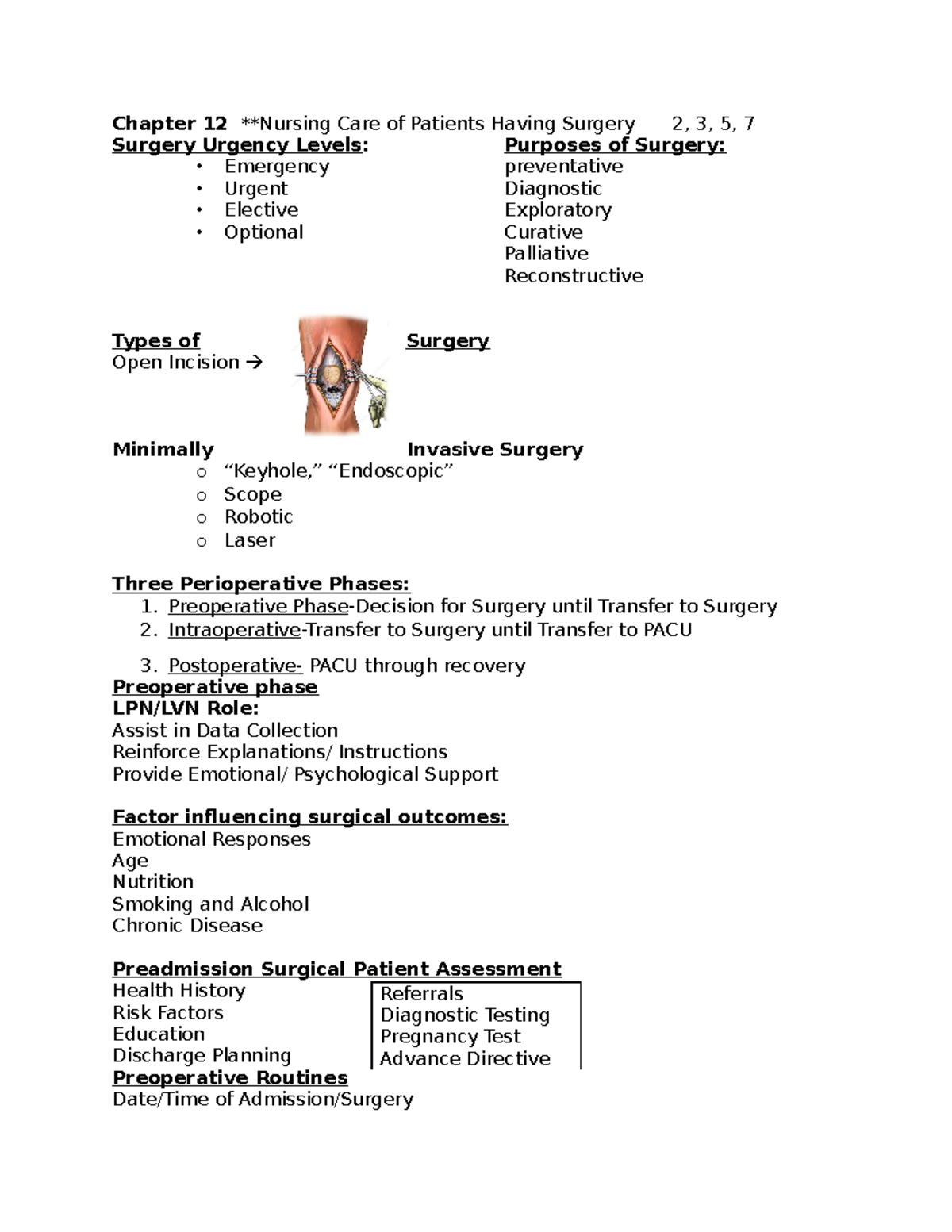 Chapter 12: Nursing Care for Surgical Patients in Med Surg - Studocu