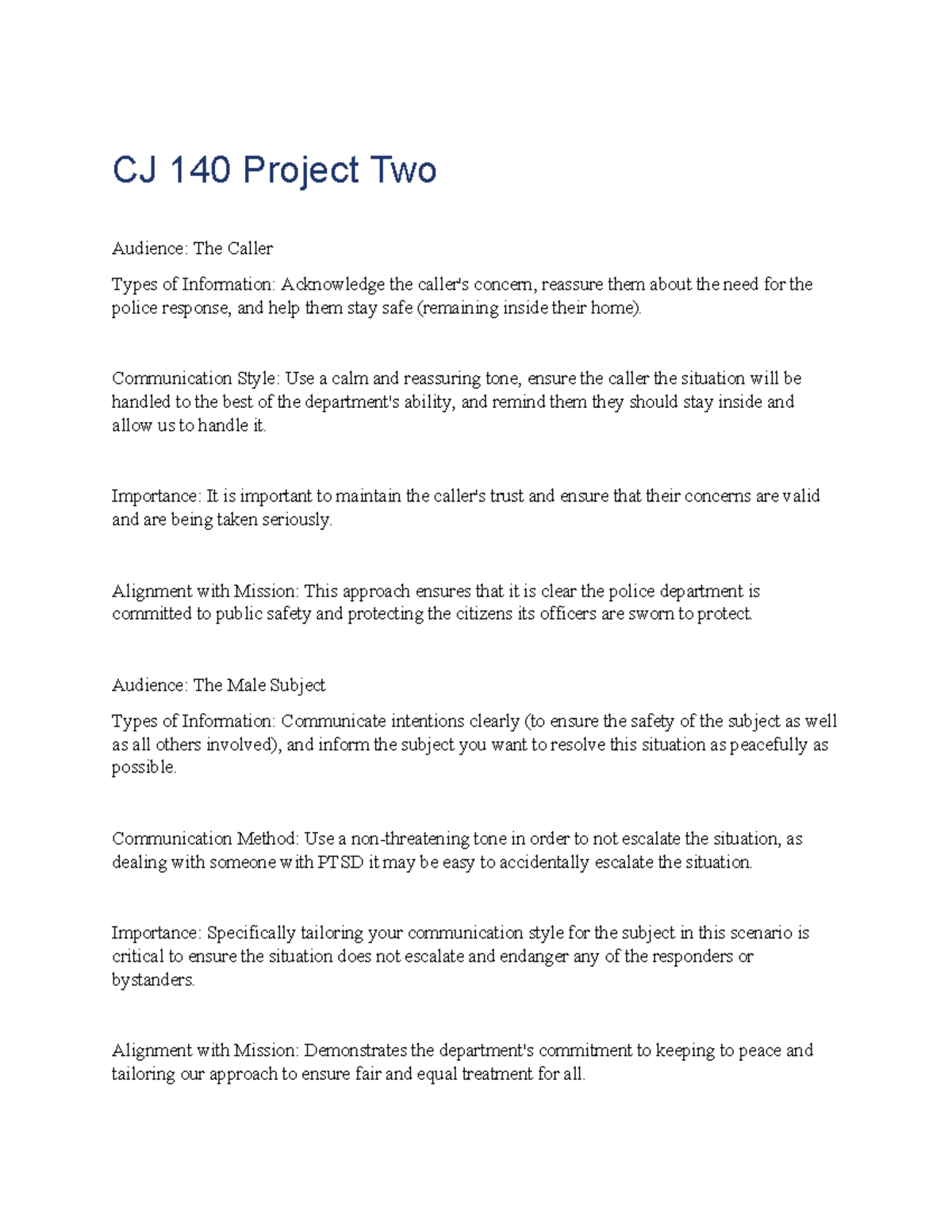 CJ 140 Project Two: Effective Communication Strategies for Emergency Response - Studocu