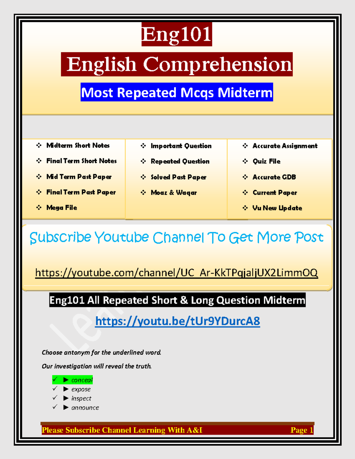 Eng101 Mcqs Moaz Midterm - Eng101 All Repeated Short & Long Question Midterm youtu/tUr9YDurcA ...