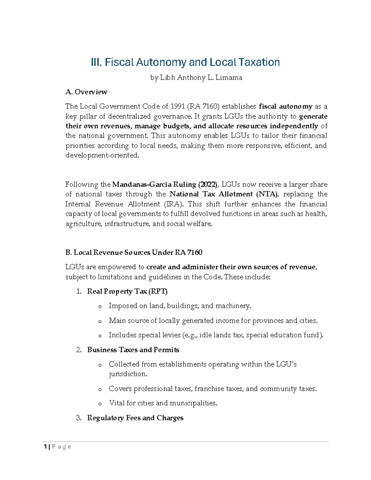 III. Fiscal Autonomy and Local Taxation Overview - Studocu