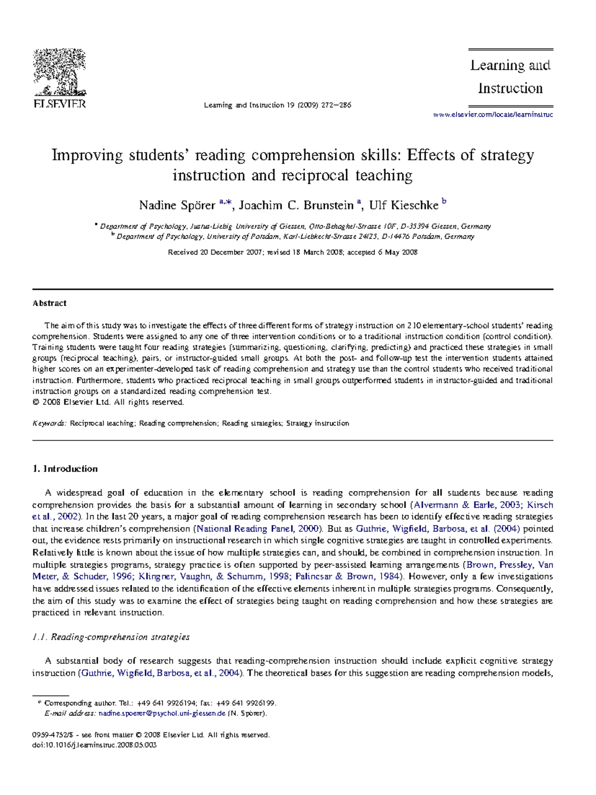 Improving Reading Comprehension Skills: Strategy Instruction ...