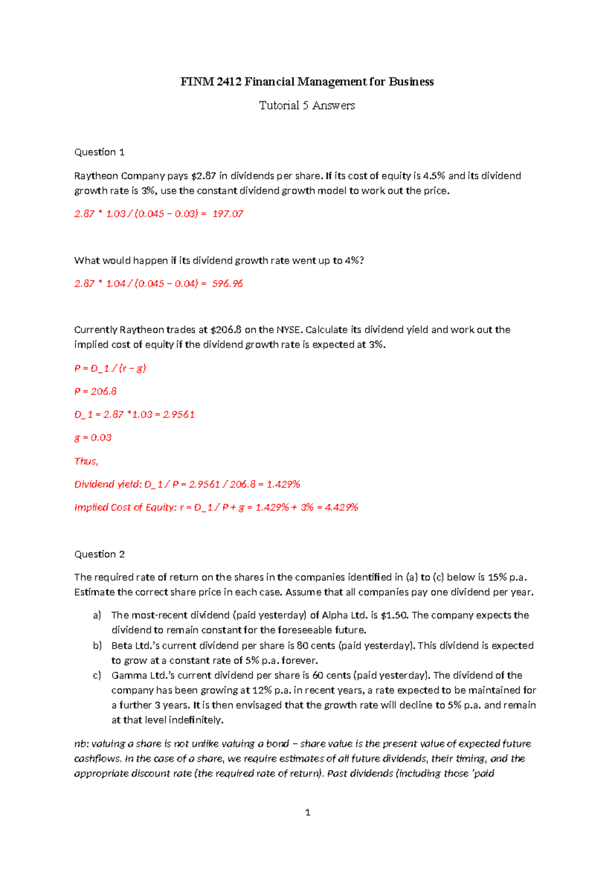 FINM 2412 Financial Management Tutorial 5 Solutions and Analysis - Studocu