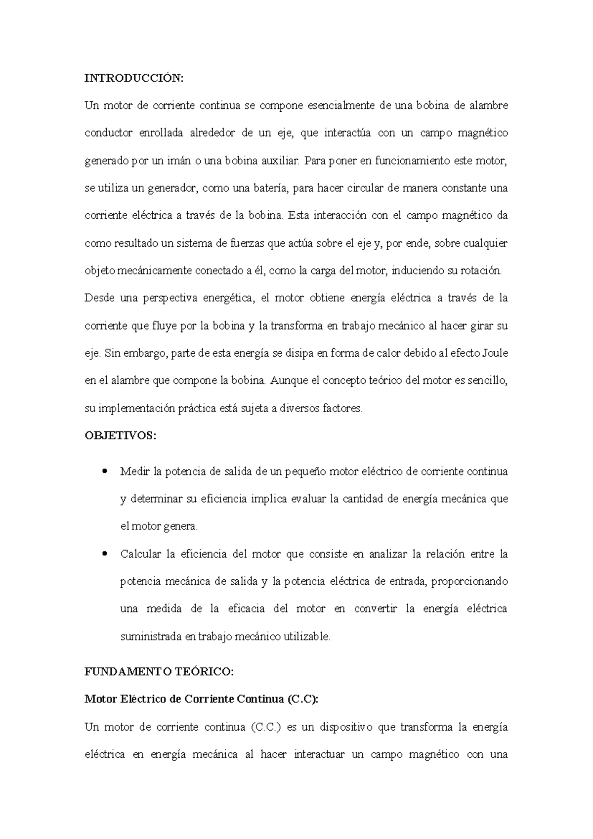 Informe de Laboratorio 2: Eficiencia de un Motor de Corriente Continua ...