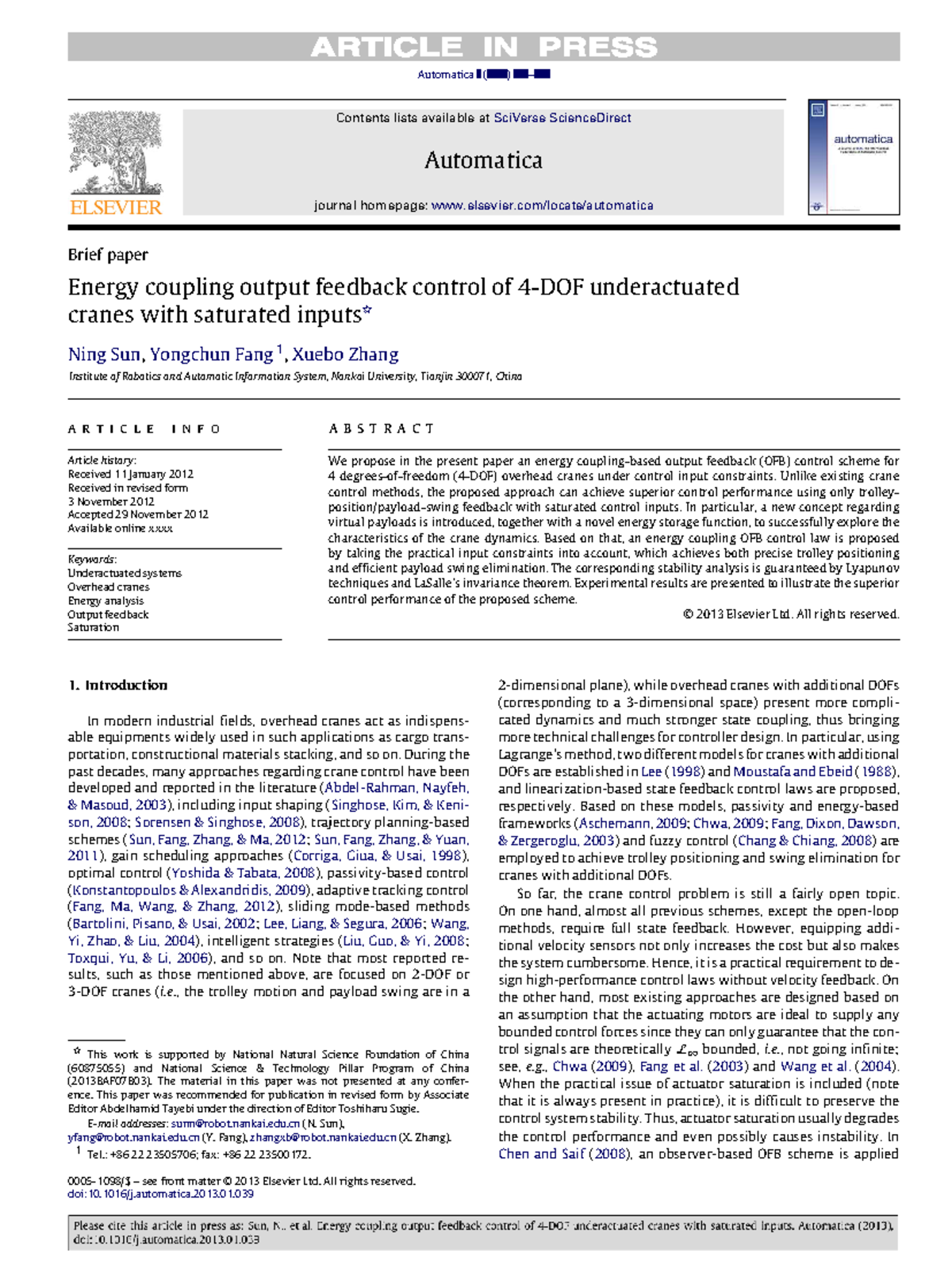 Energy Coupling OFB Control for Underactuated Cranes (AUT 2013) - Studocu