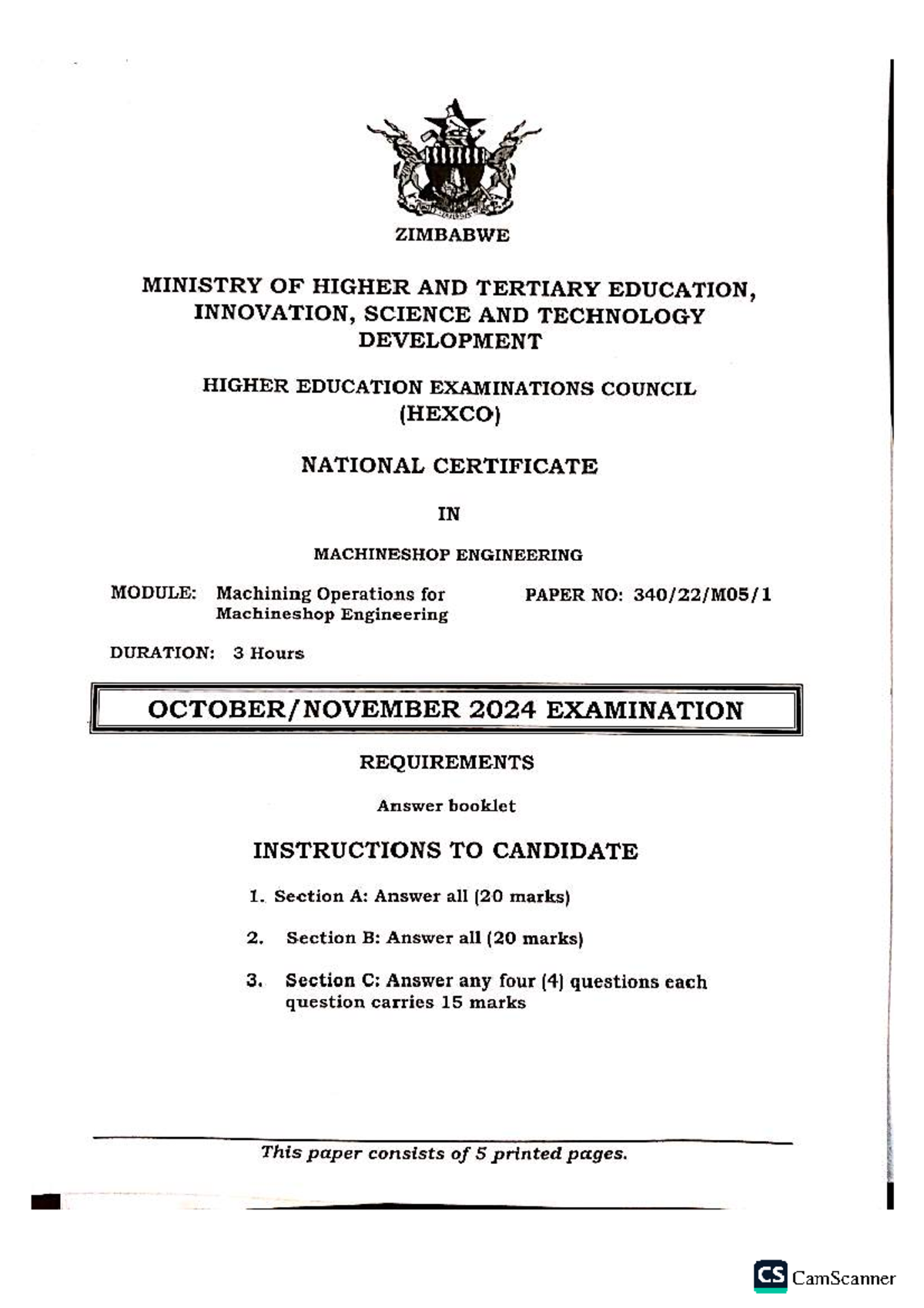 CS 2024 National Certificate in Machineshop Engineering Exam Paper ...