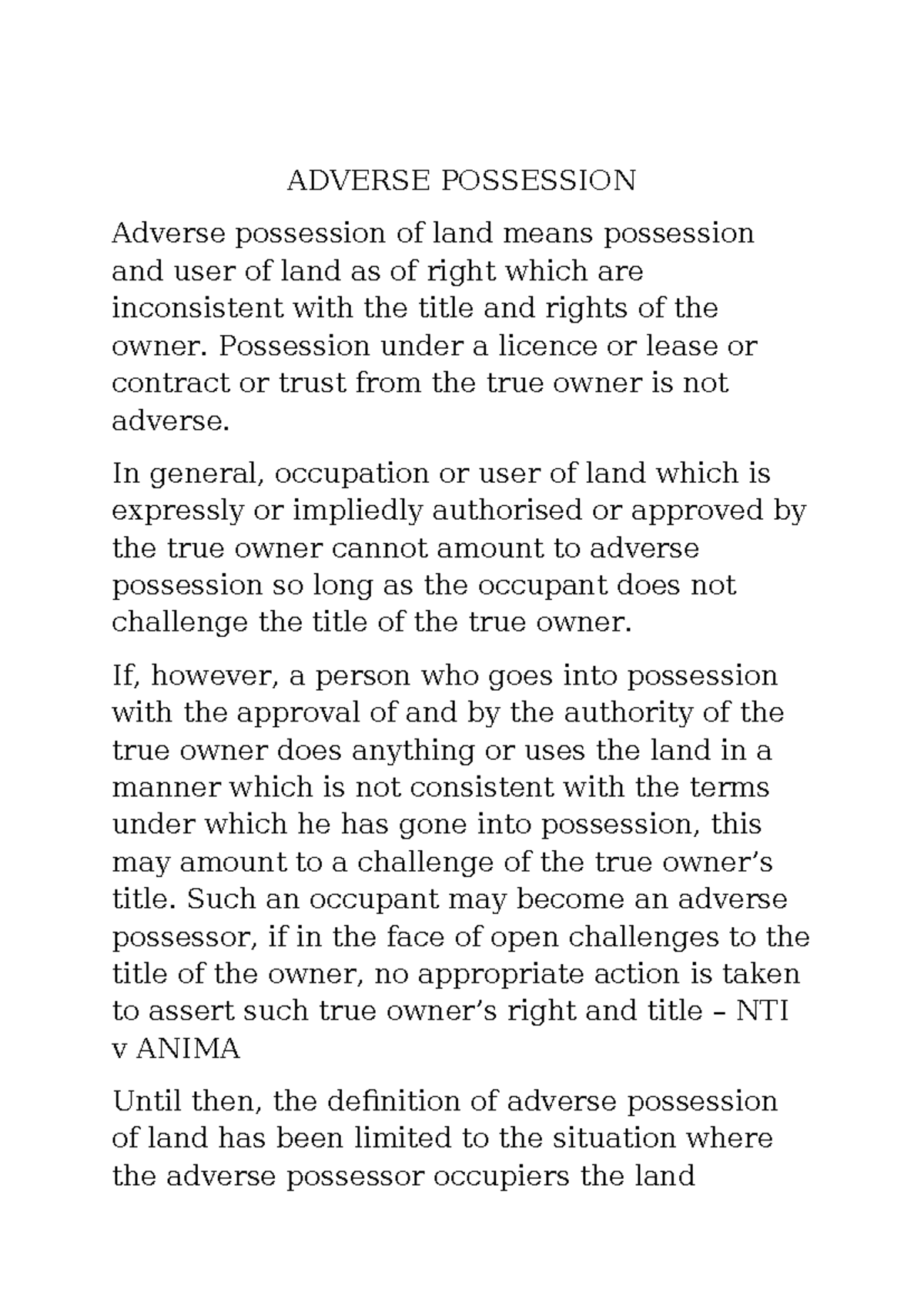 Adverse Possession: Legal Principles and Case Studies (Final Exam ...