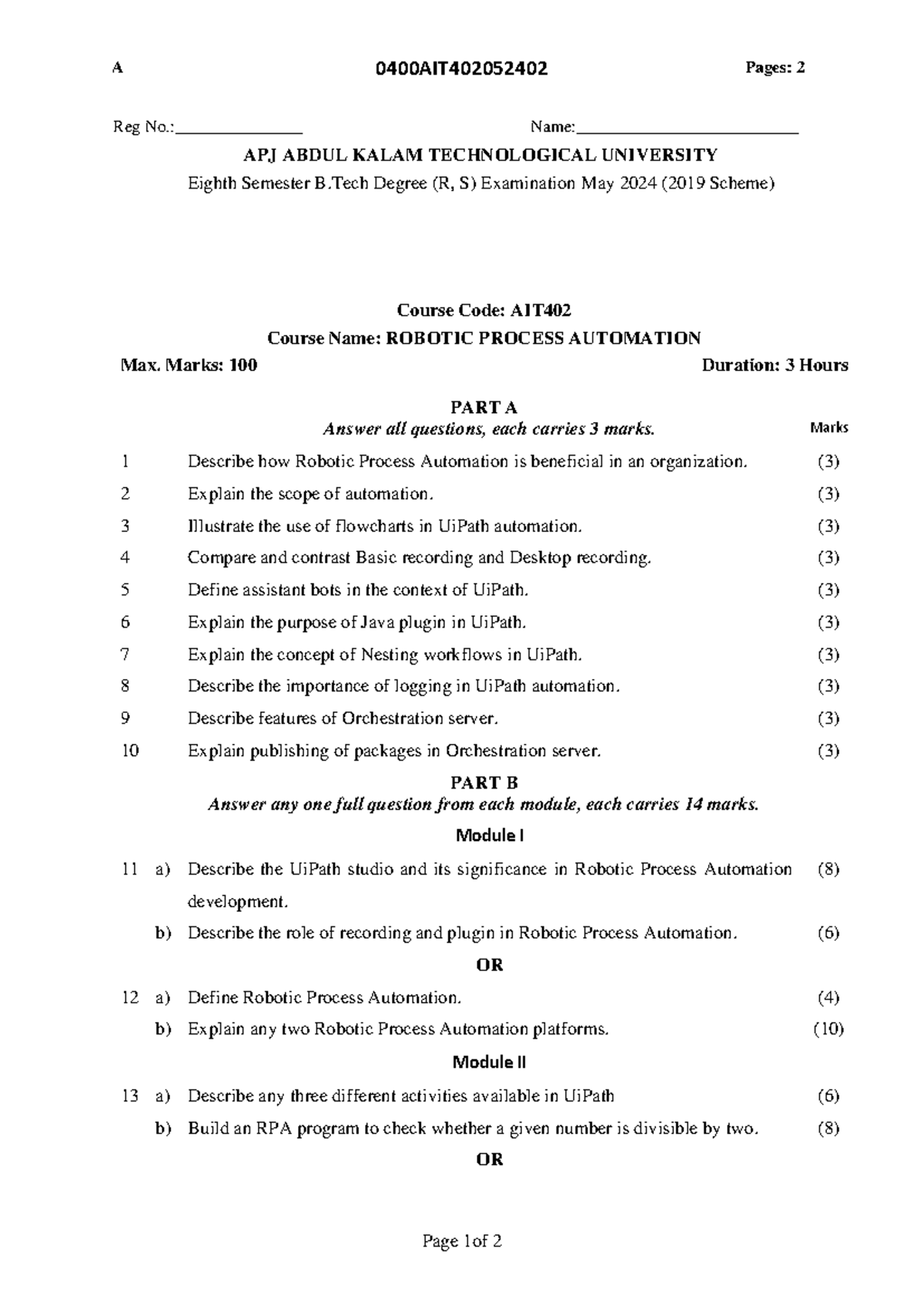 AIT402-A: Previous Year Question Paper on Robotic Process Automation ...