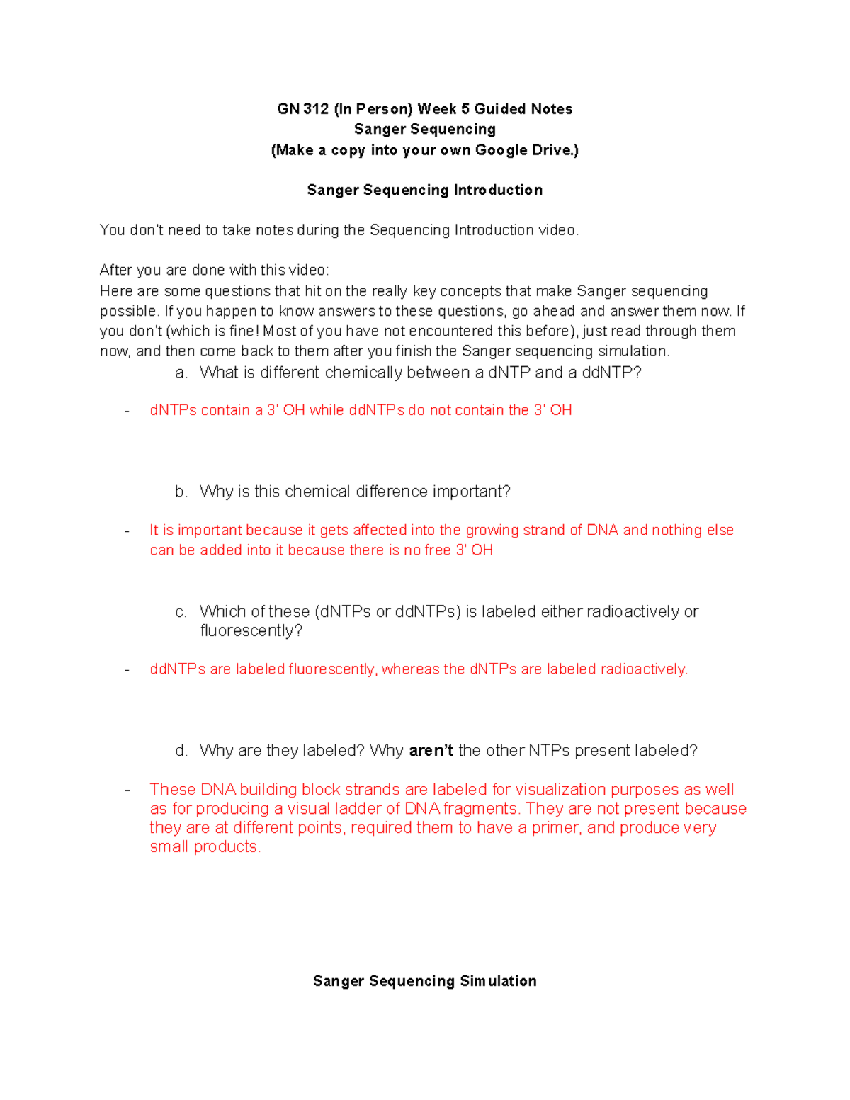 GN 312 Week 5 Guided Notes: Understanding Sanger Sequencing - Studocu