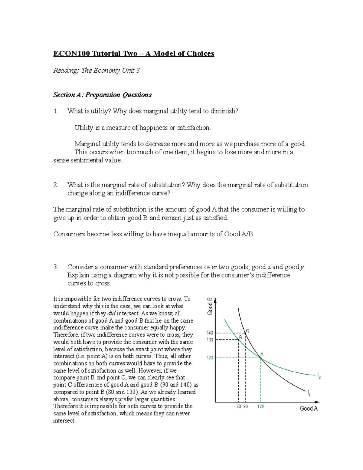ECONS101 Tutorial 2 - tut summary - ECON100 Tutorial Two – A Model of ...