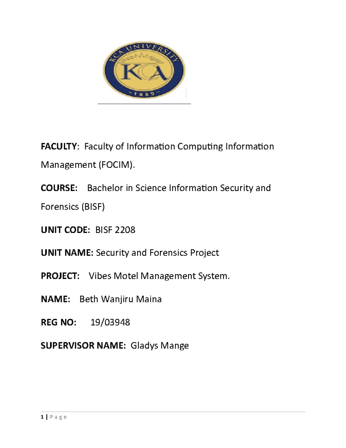 BISF 2208: Vibes Motel Management System Project Proposal - Studocu