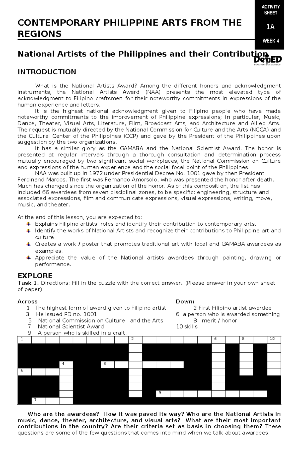 ACTIVITY SHEET: WEEK 4 - NATIONAL ARTISTS OF THE PHILIPPINES - Studocu