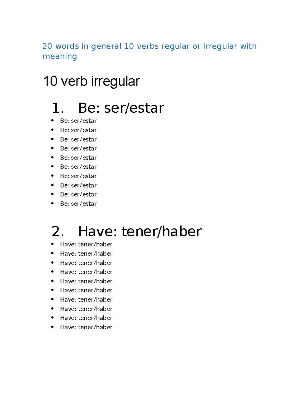 Verbos y Vocabulario: 10 Verbos Regulares e Irregulares - Studocu