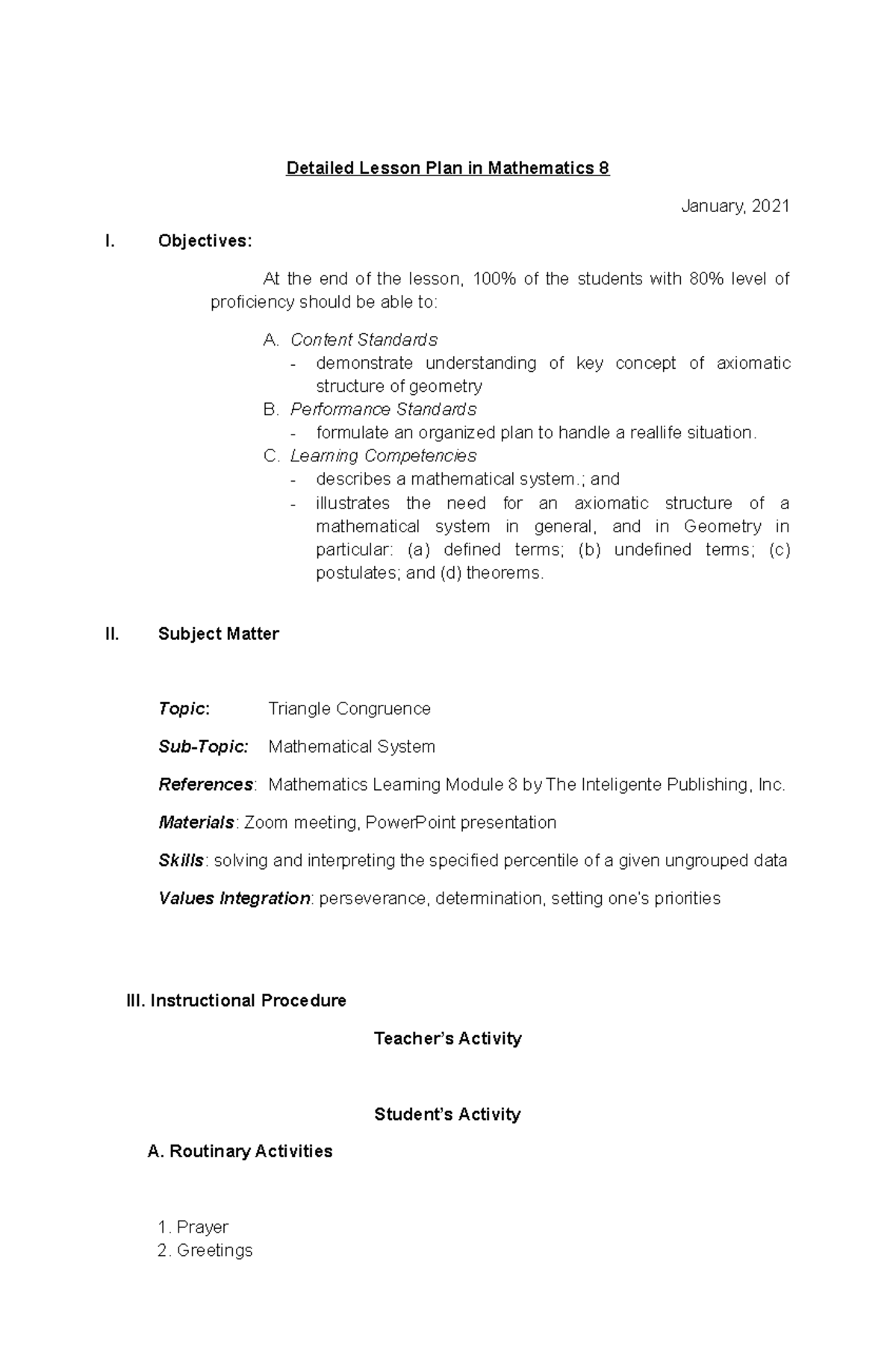 Math 8 (Week 1) LP - Detailed Lesson Plan in Mathematics 8 January ...